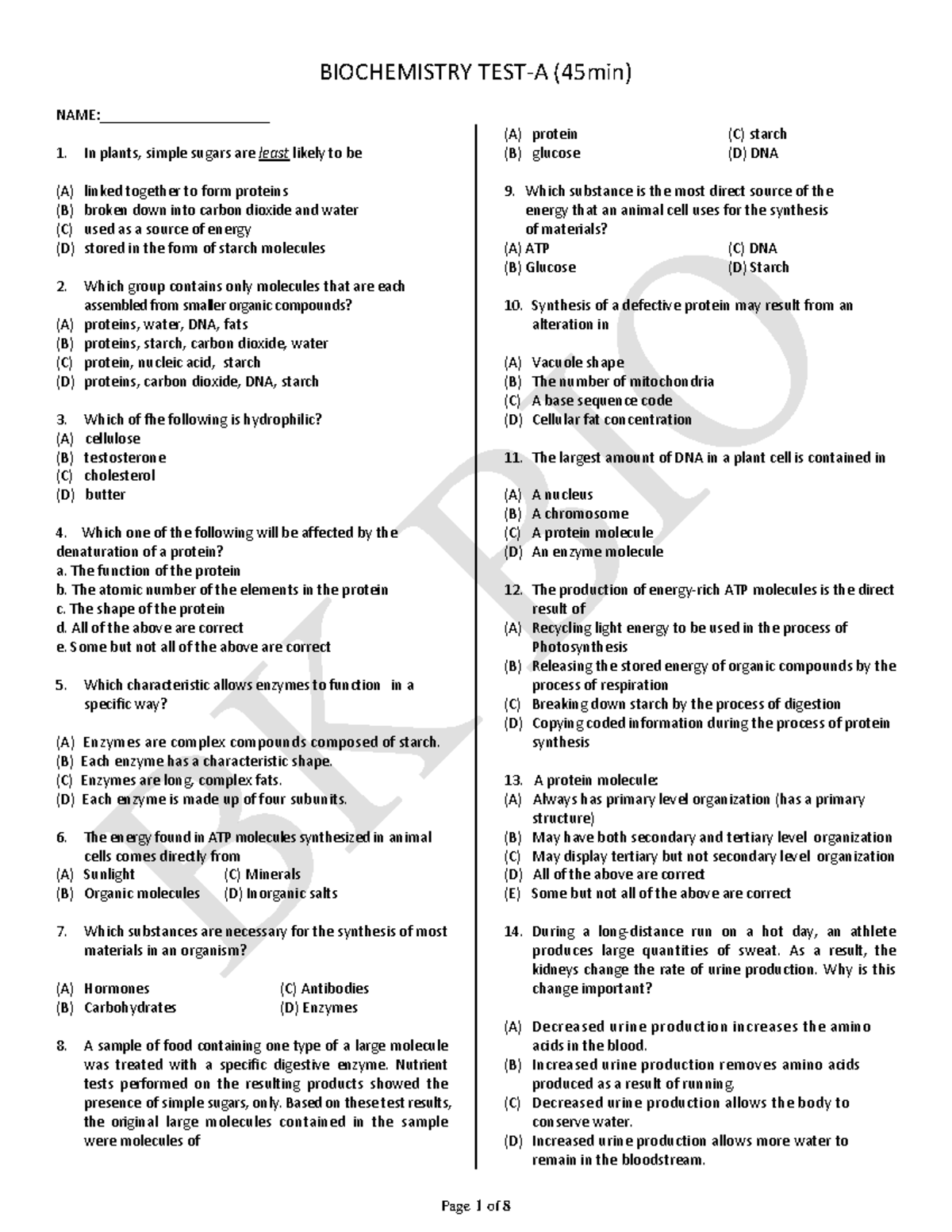 Biochemistry TEST-A - Honors Bio Chem Exam Questions and Answers - Studocu