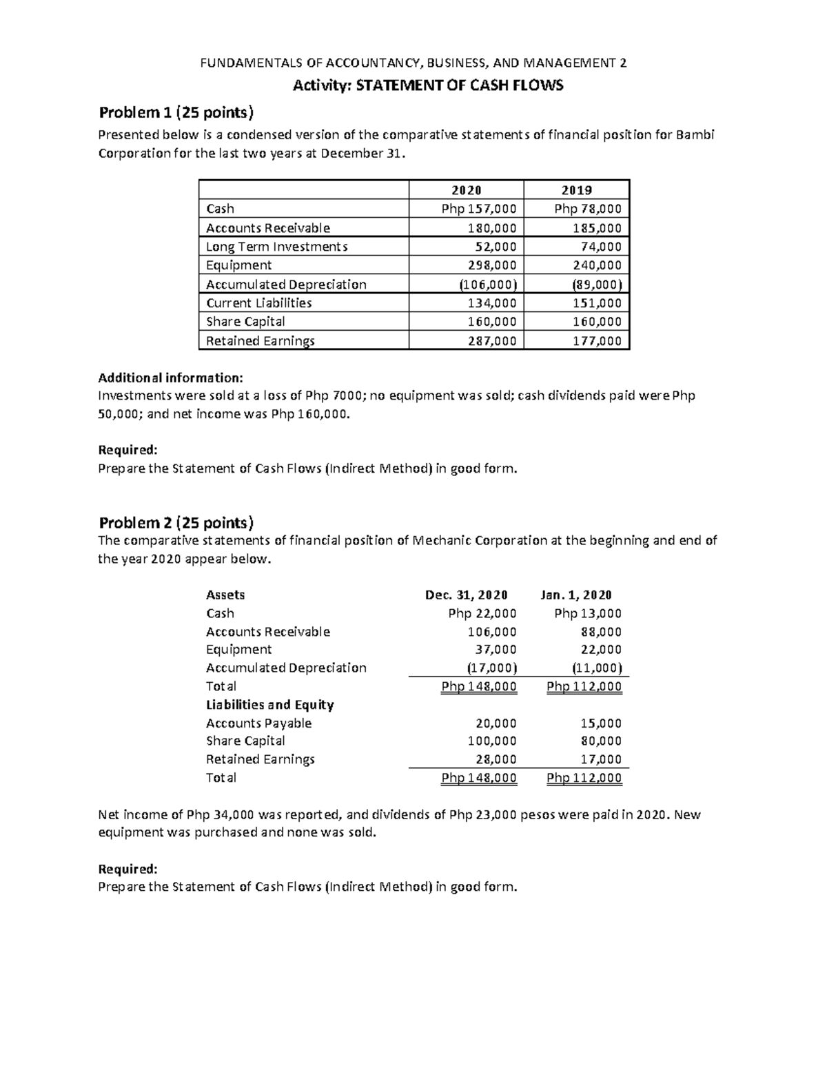 FABM2 Statement of Cash Flows Activities and Problems - Studocu