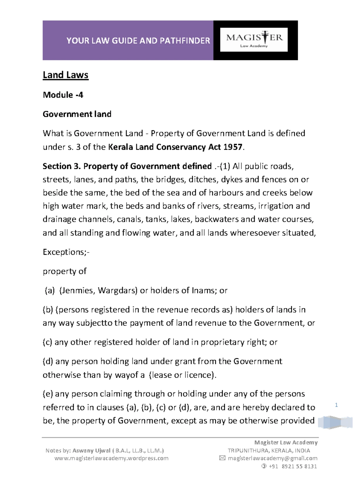 Land Laws - module 1 - Land law including tenancy - YOUR LAW GUIDE AND PATHFINDER Land Laws ...