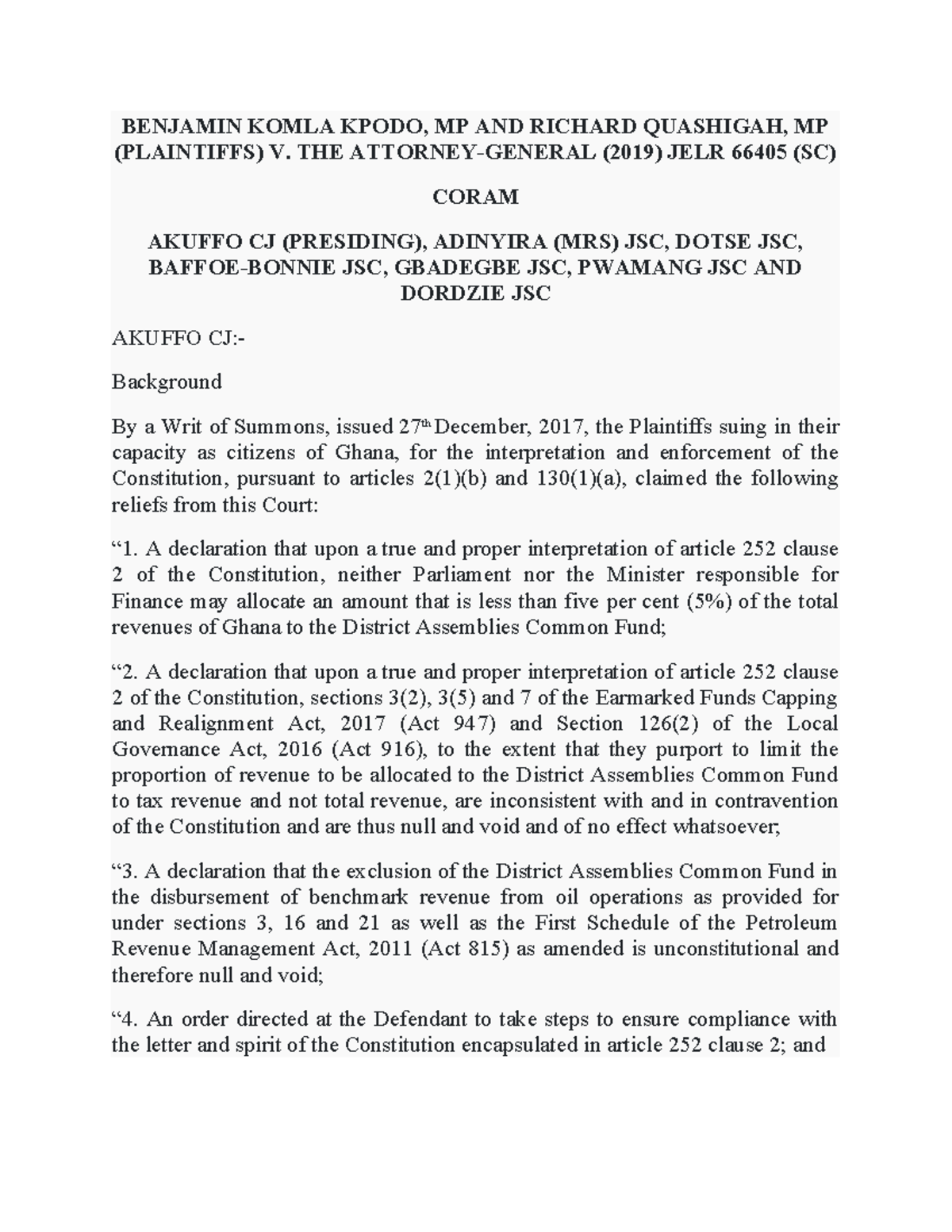 Case Study: Benjamin Kpodo vs. AG - Interpretation of Article 252(2 ...