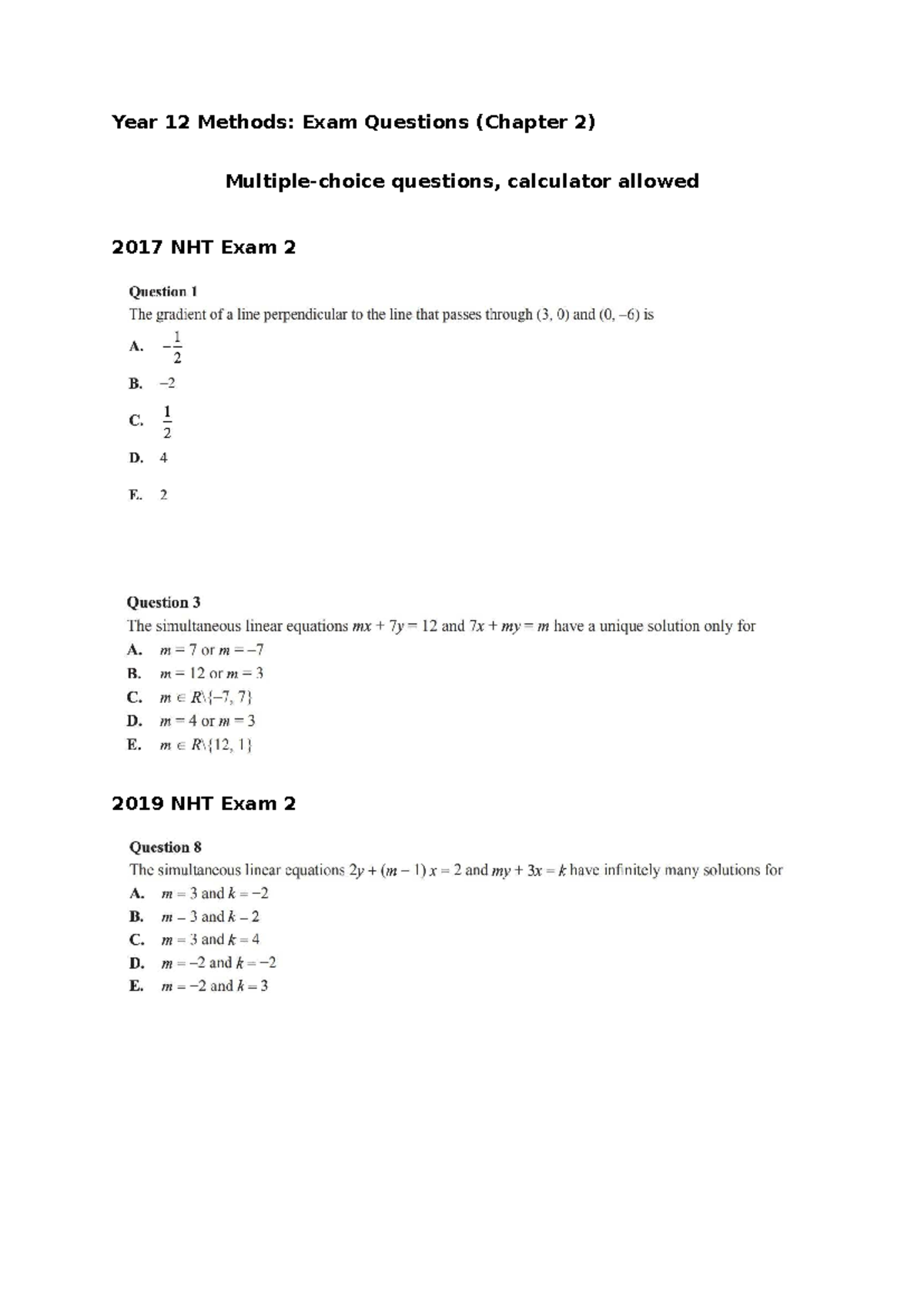 Ch2 Exam Qs - practice exam qs - Year 12 Methods: Exam Questions ...