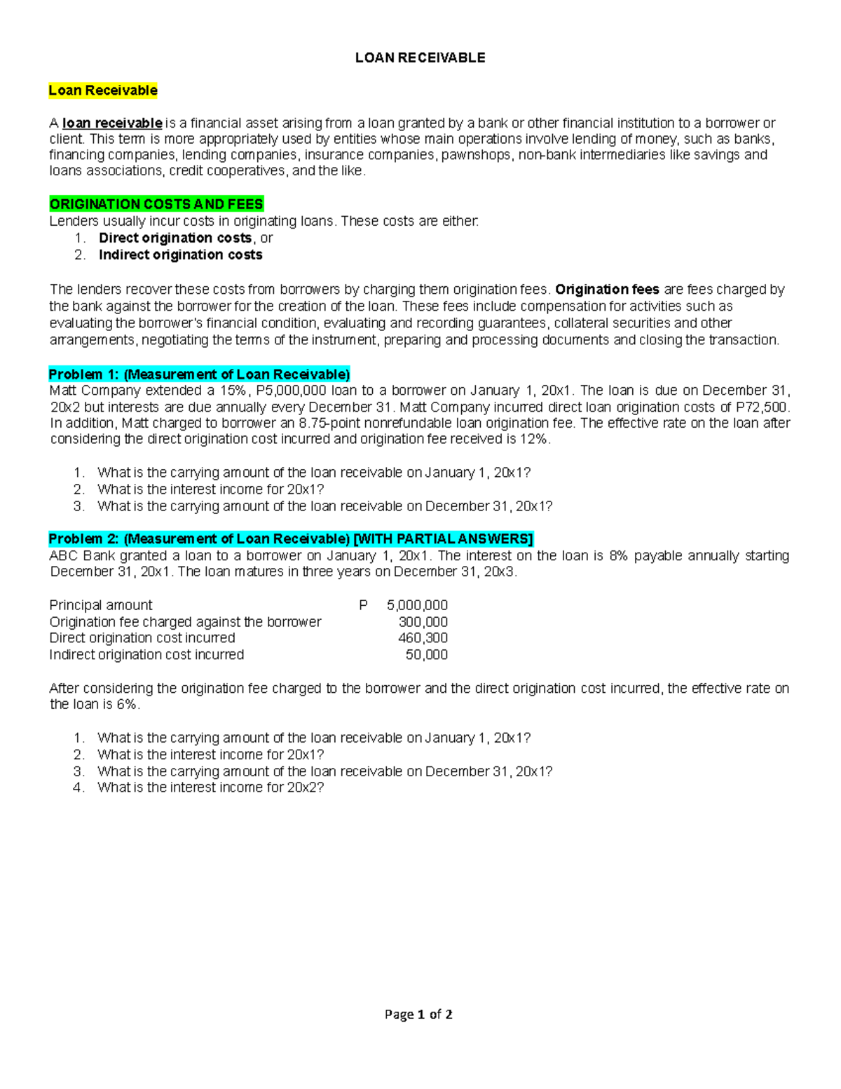 Loan Receivables Overview and Problems (Course Code: 095104) - Studocu