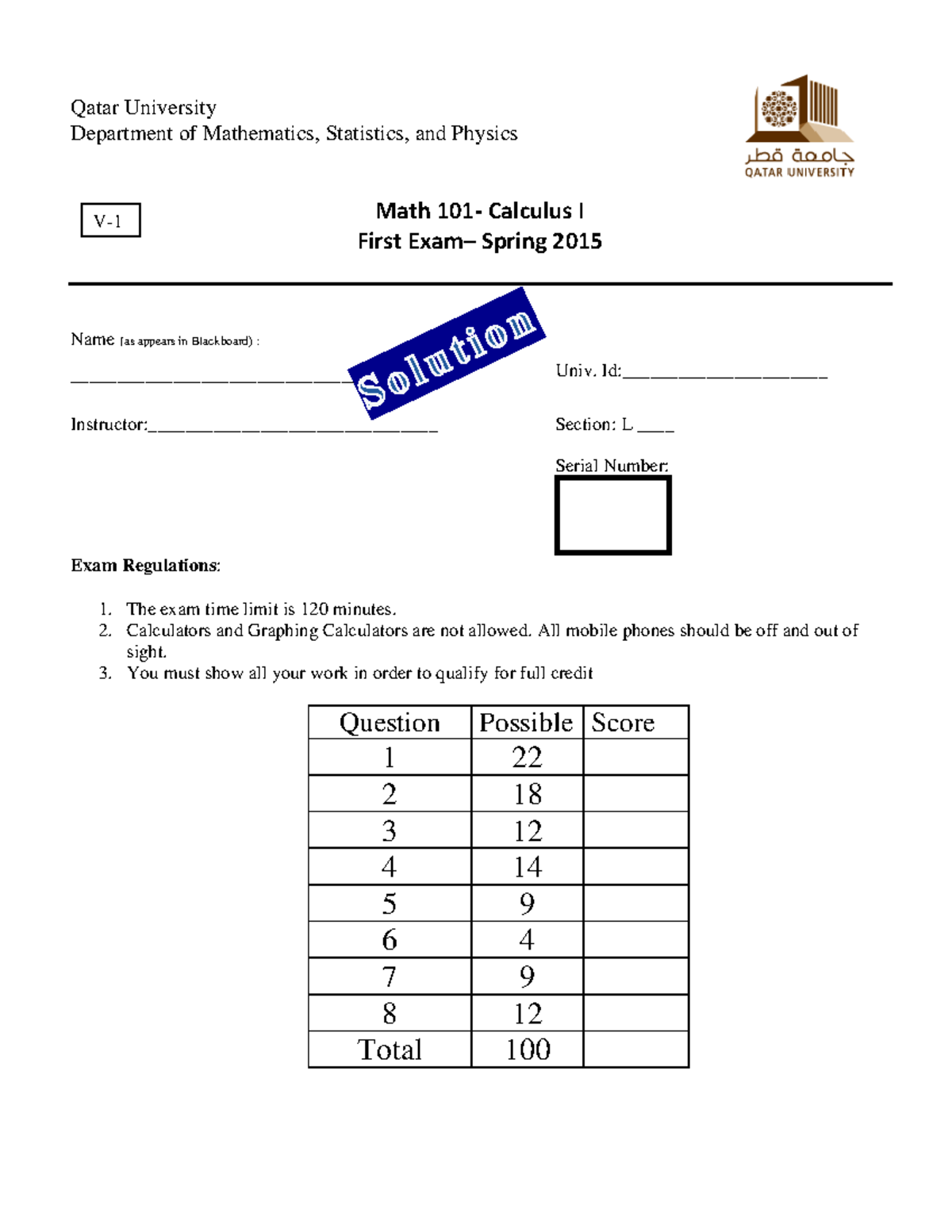 Math 101 - Calculus I Final Exam Solutions - Spring 2015 - Studocu