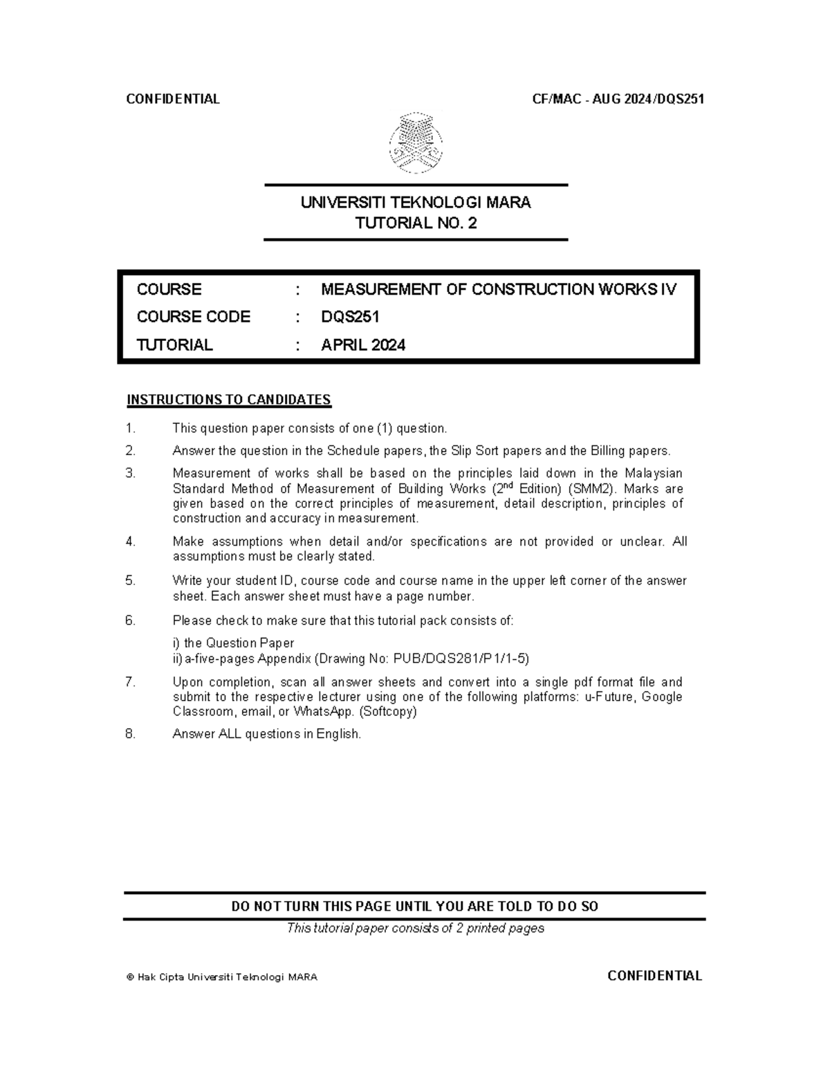 DQS251 Tutorial 2 - Measurement of Construction Works IV - Apr 2024 ...