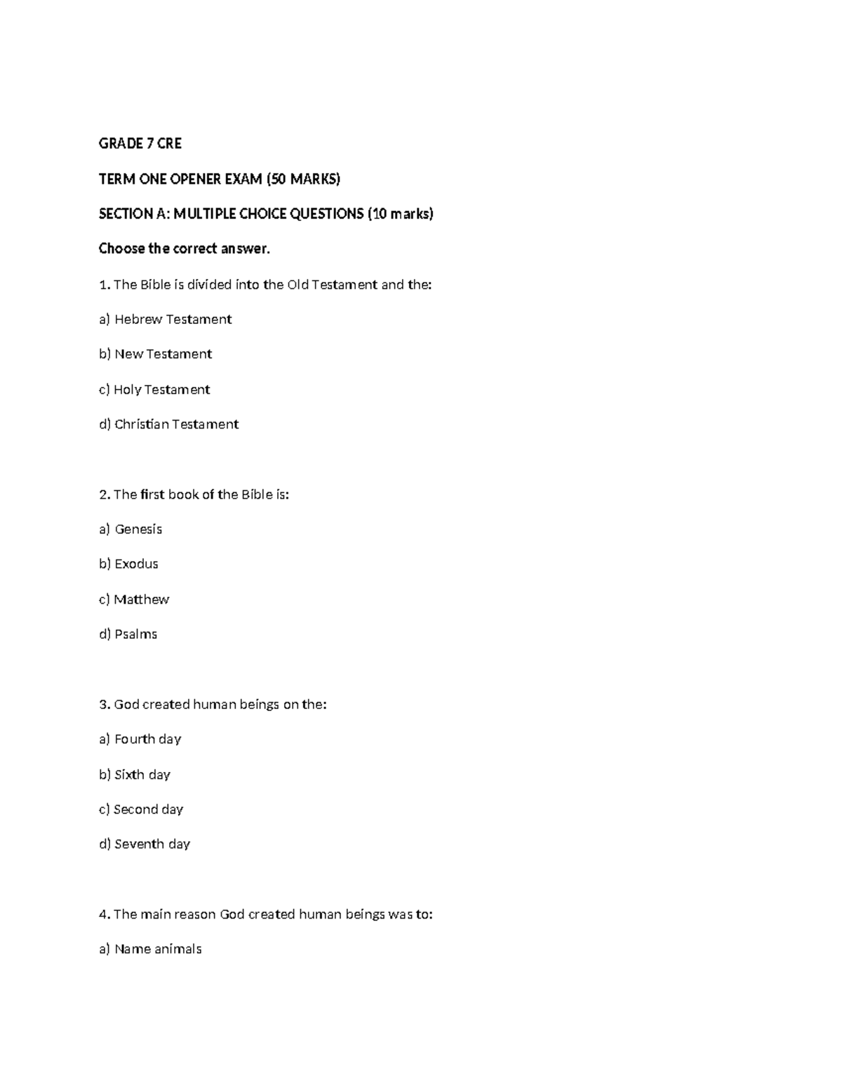 Grade 7 CRE - Term One Opener Exam (50 Marks) - Studocu