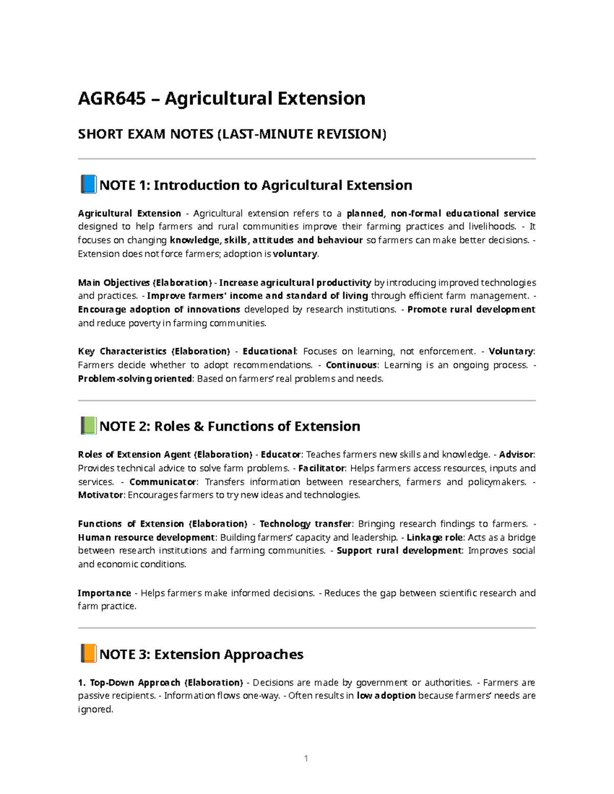 AGR645 Agricultural Extension Short Exam Revision Notes - Studocu