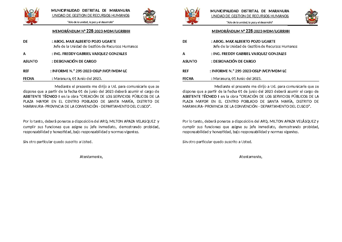 Memorándum 228: Designación de Cargo - Asistente Técnico I - Studocu
