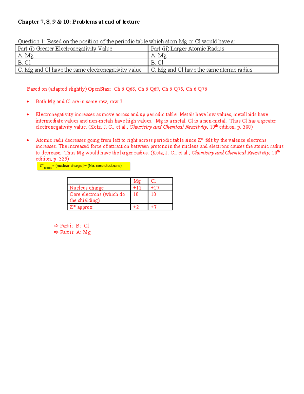 Class Problems Solved: Chem 101 Chapter 7-10 Questions and Solutions ...