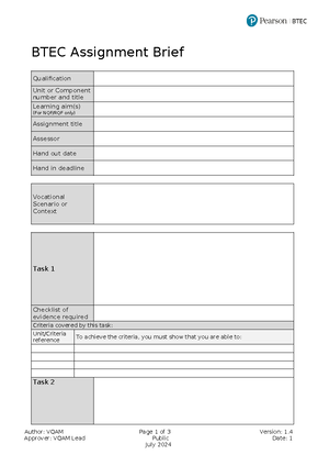 BTEC Assessment Record Template for Learner Submission and Verification - Studocu
