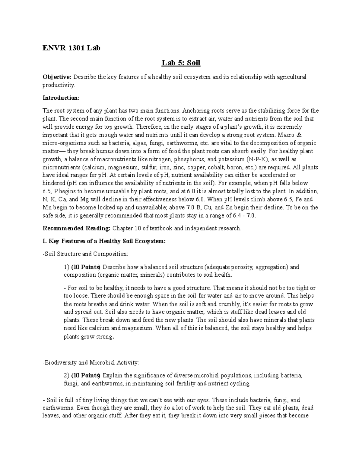 ENVR 1301 Lab 5: Key Features of a Healthy Soil Ecosystem - Studocu