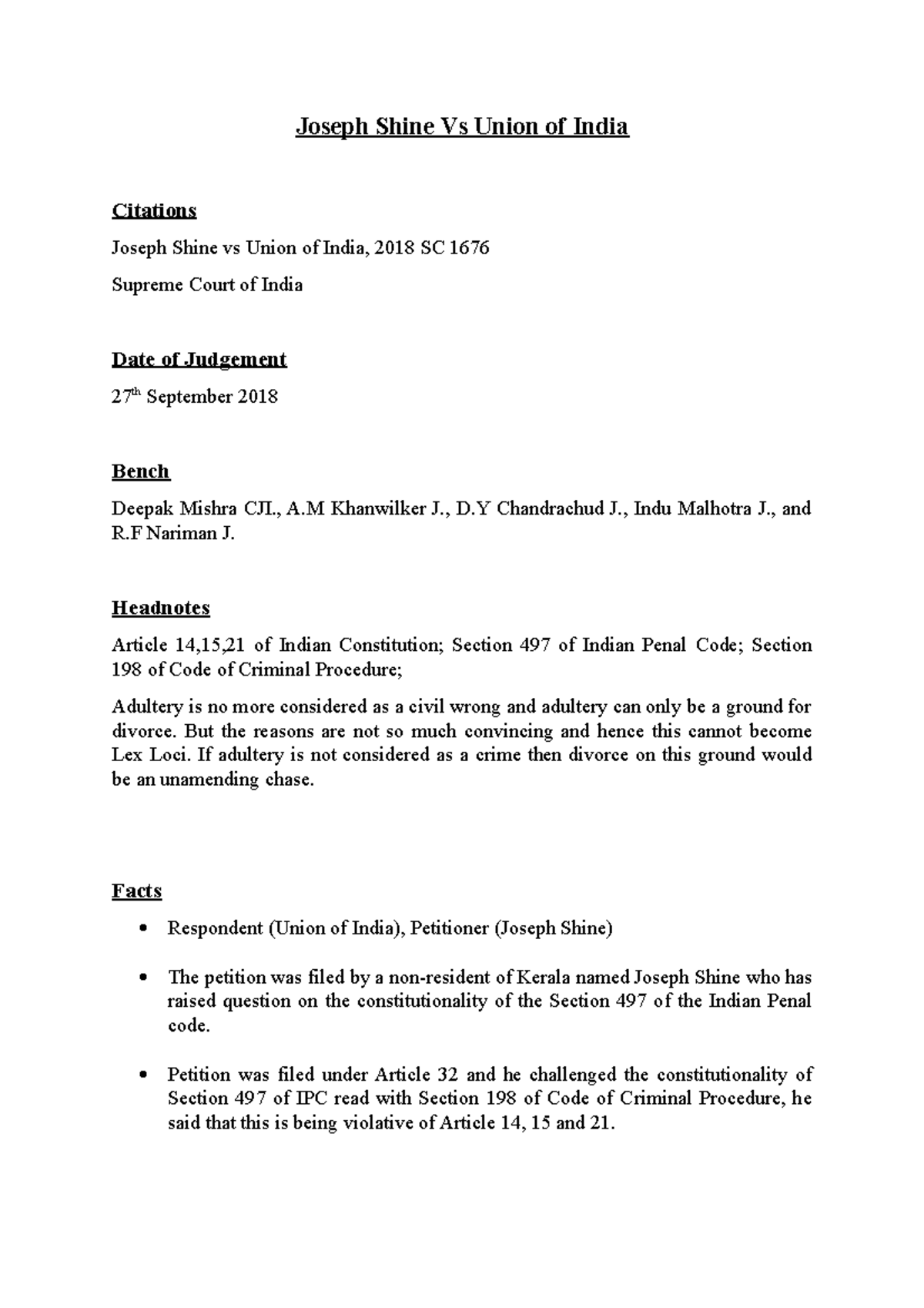 Joseph Shine Vs Union of India: Supreme Court Judgement Review - Studocu