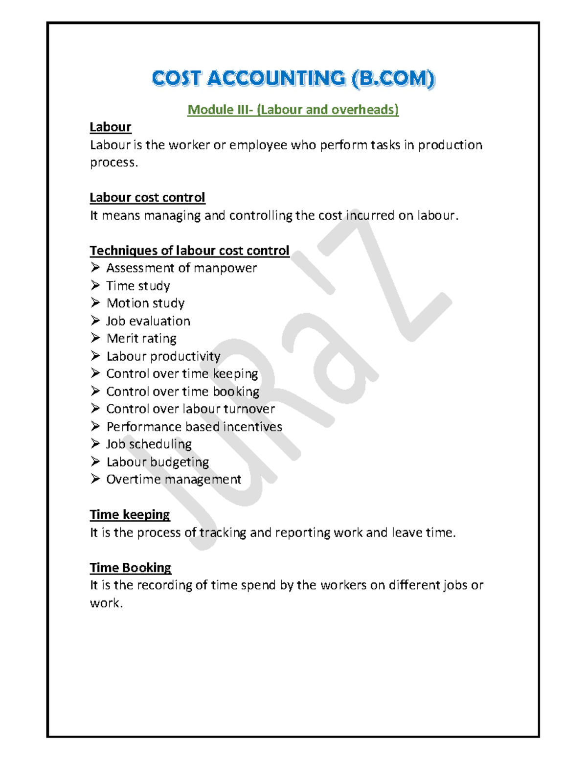 COST Accounting - Module III: Labour and Overheads Overview - Studocu