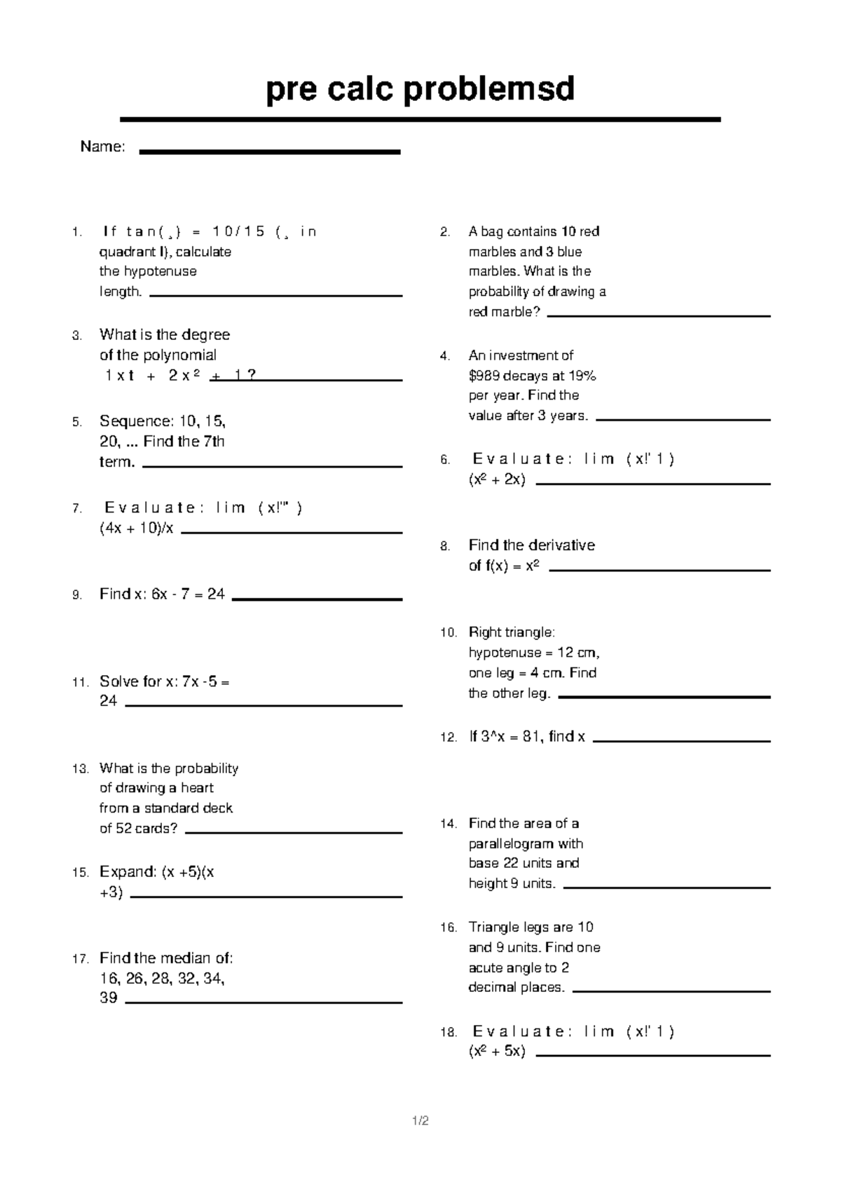 Pre Calc Problems: Practice Questions and Solutions - Studocu