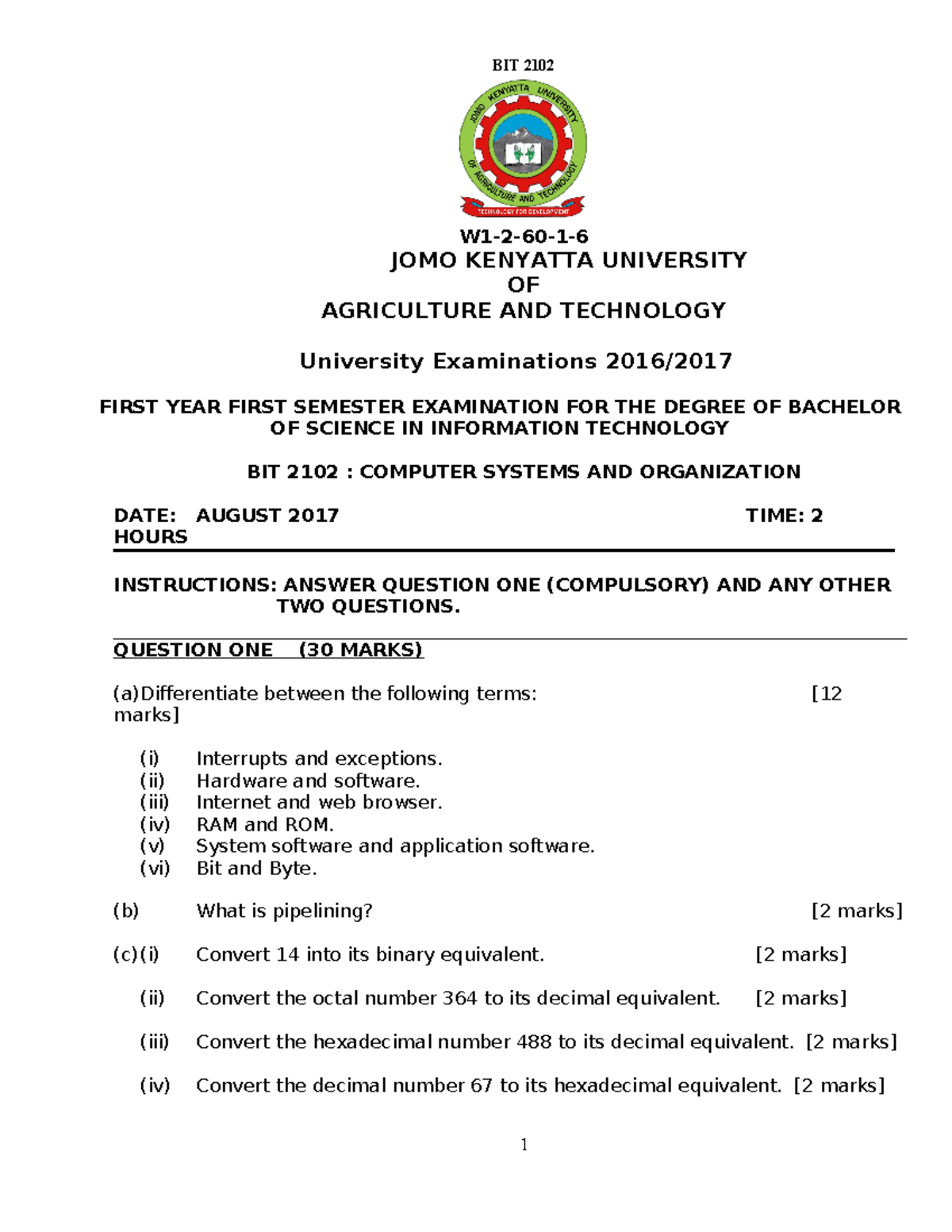 BIT 2102 - Final Exam Paper on Computer Systems & Organization - Studocu