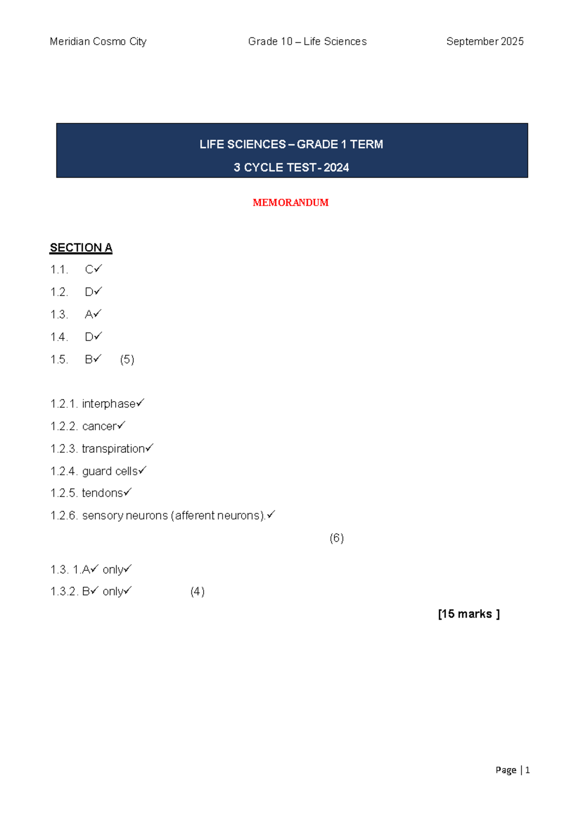 Grade 10 Life Sciences Term 3 Test Memorandum 2025 - Studocu