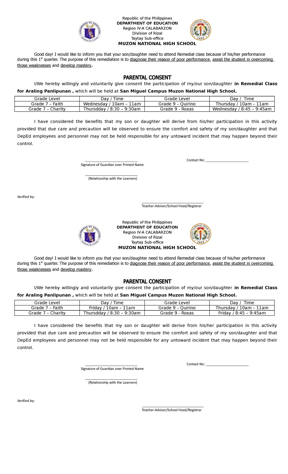 Parent Consent Form for Remedial Class - Araling Panlipunan - Studocu