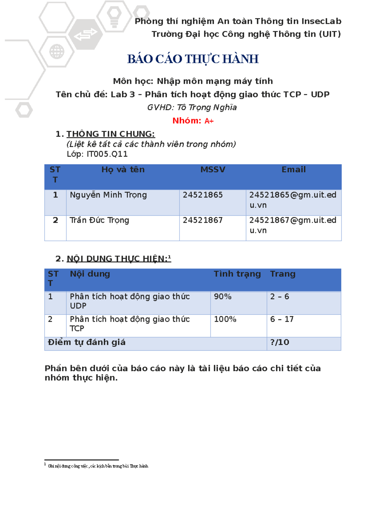 Báo cáo Thực Hành Lab 03: Phân Tích Giao Thức TCP UDP - UIT - Studocu