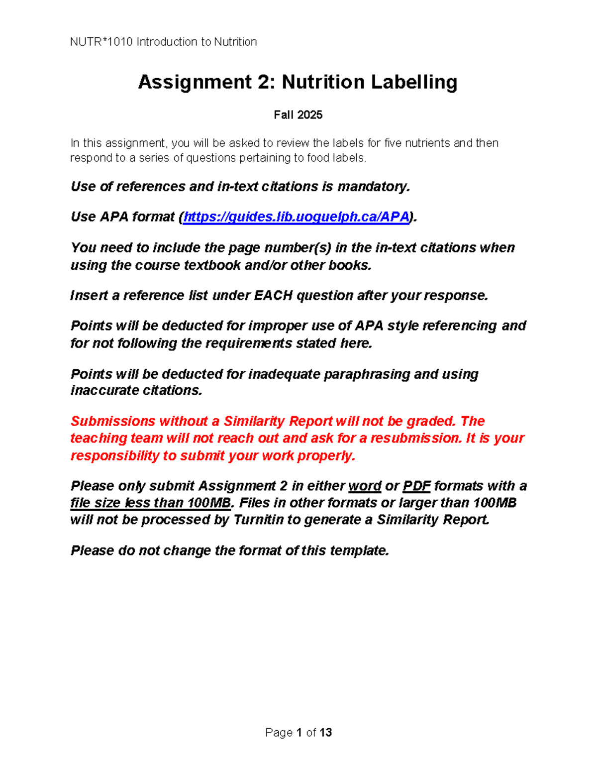 NUTR1010DE Assignment 2: Nutrition Labelling Analysis F25 - Studocu