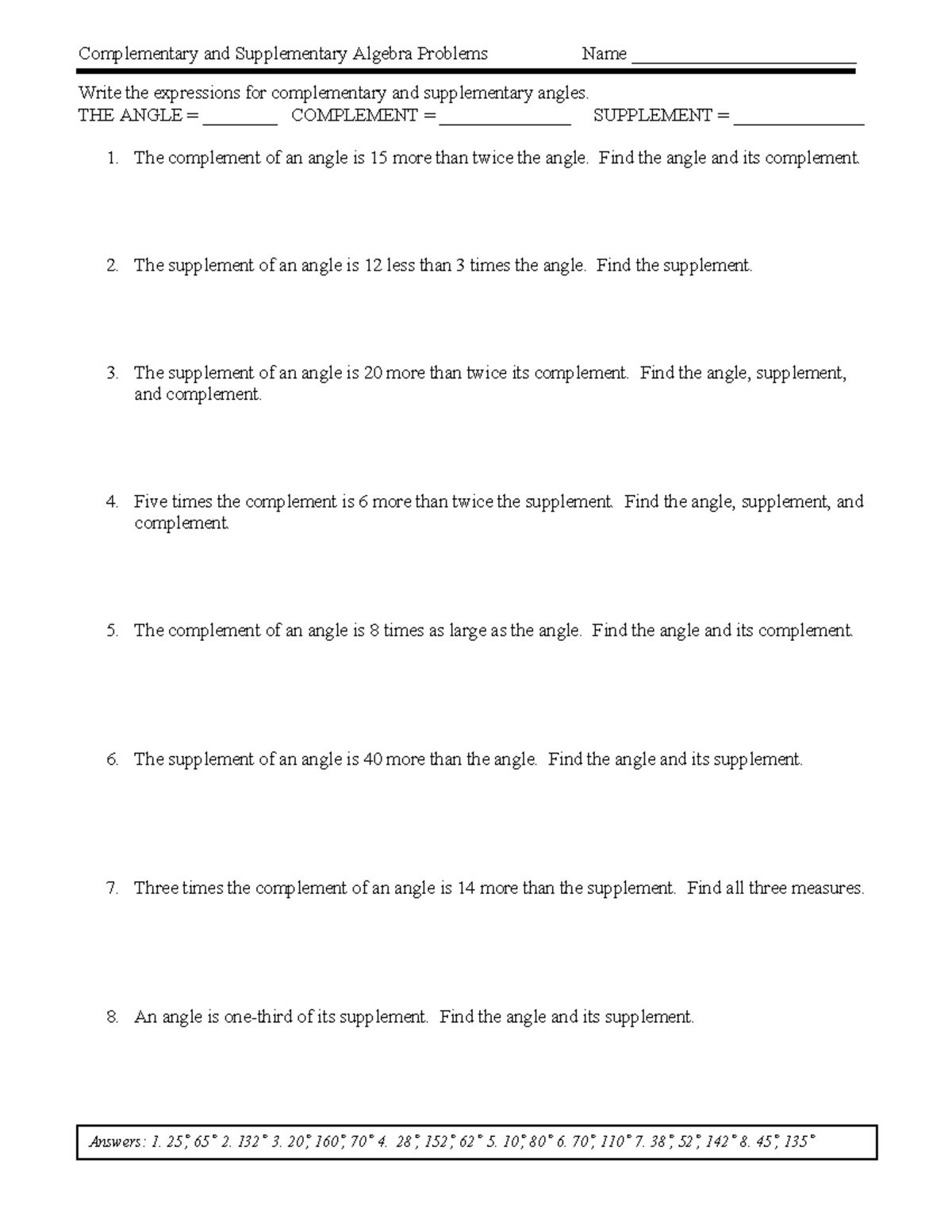 Complementary and Supplementary Algebra Problems - THE ANGLE ...
