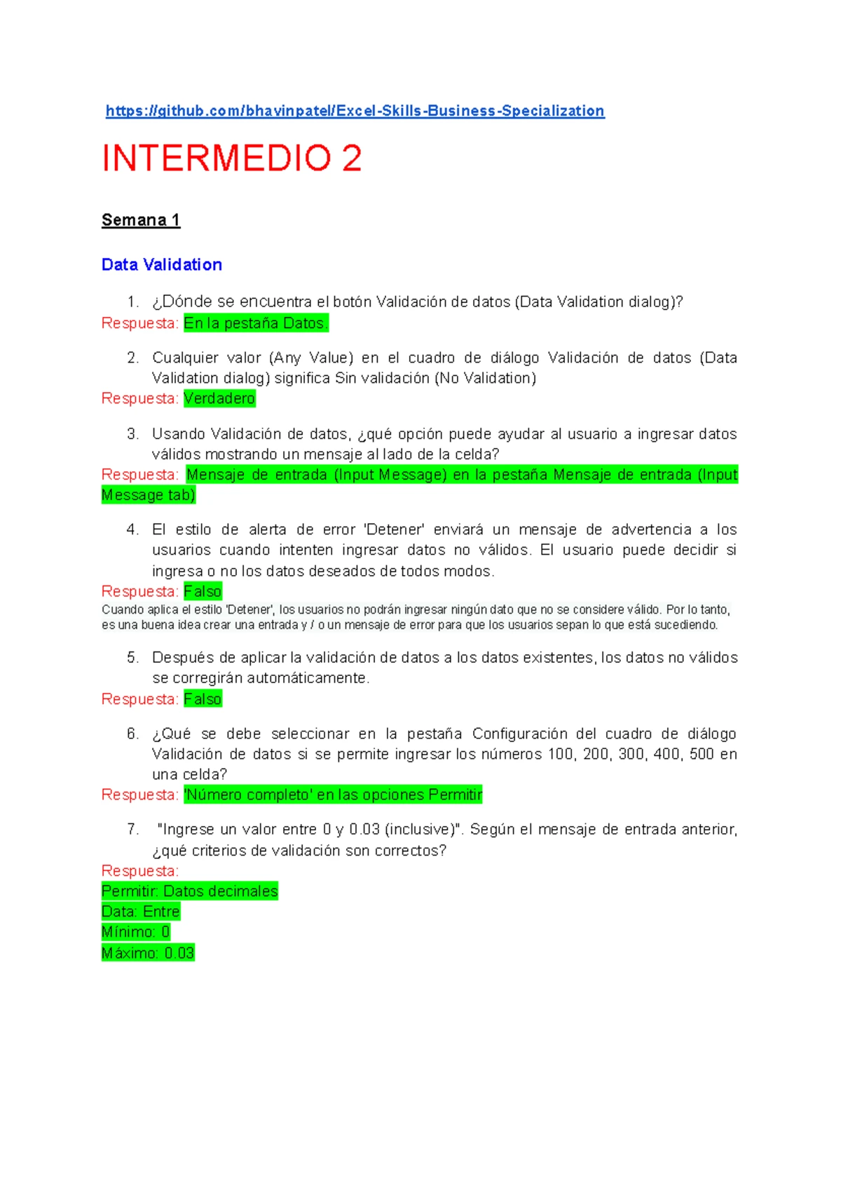 Excel Intermedio II: Resumen del Módulo 1 y 2 (Coursera) - Studocu