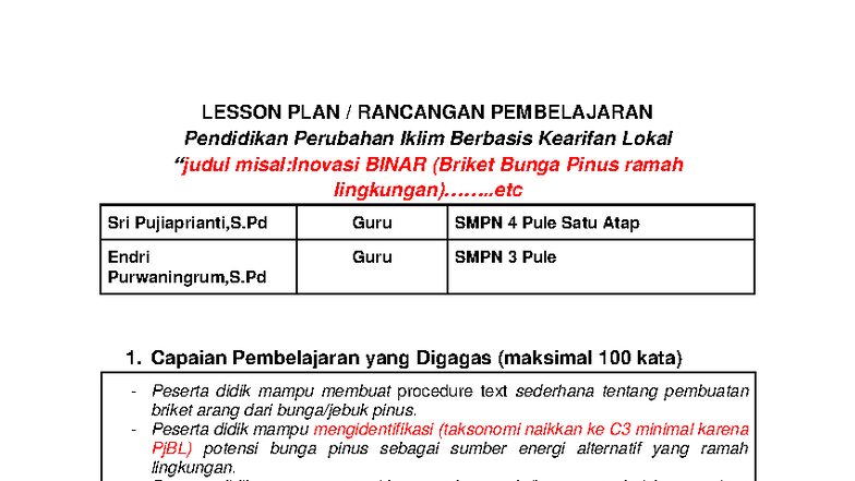 LESSON PLAN RANCANGAN PEMBELAJARAN Pendidikan Perubahan Iklim Berbasis ...