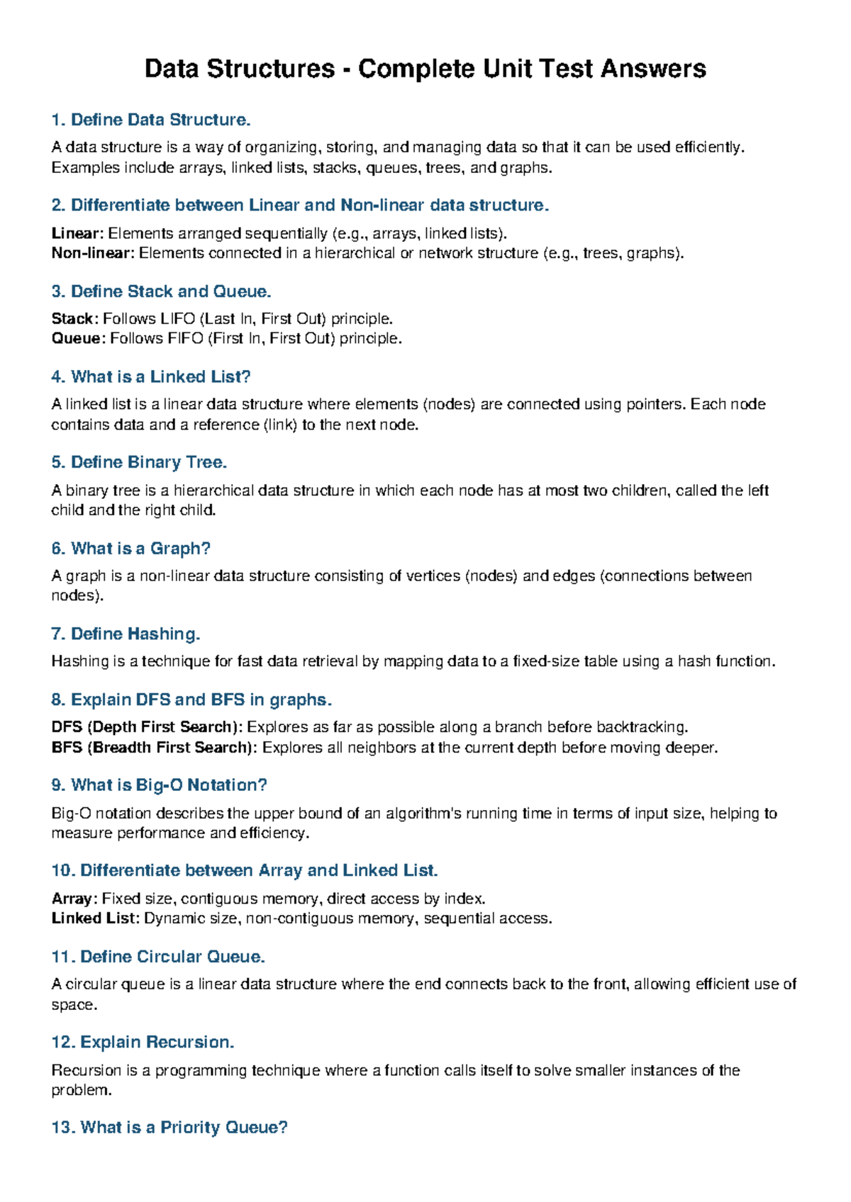 Data Structures Unit Test Answers: Key Concepts & Definitions - Studocu