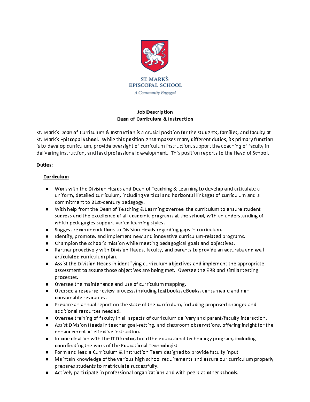 Job Description: Dean of Curriculum Instruction at St. Episcopal School ...