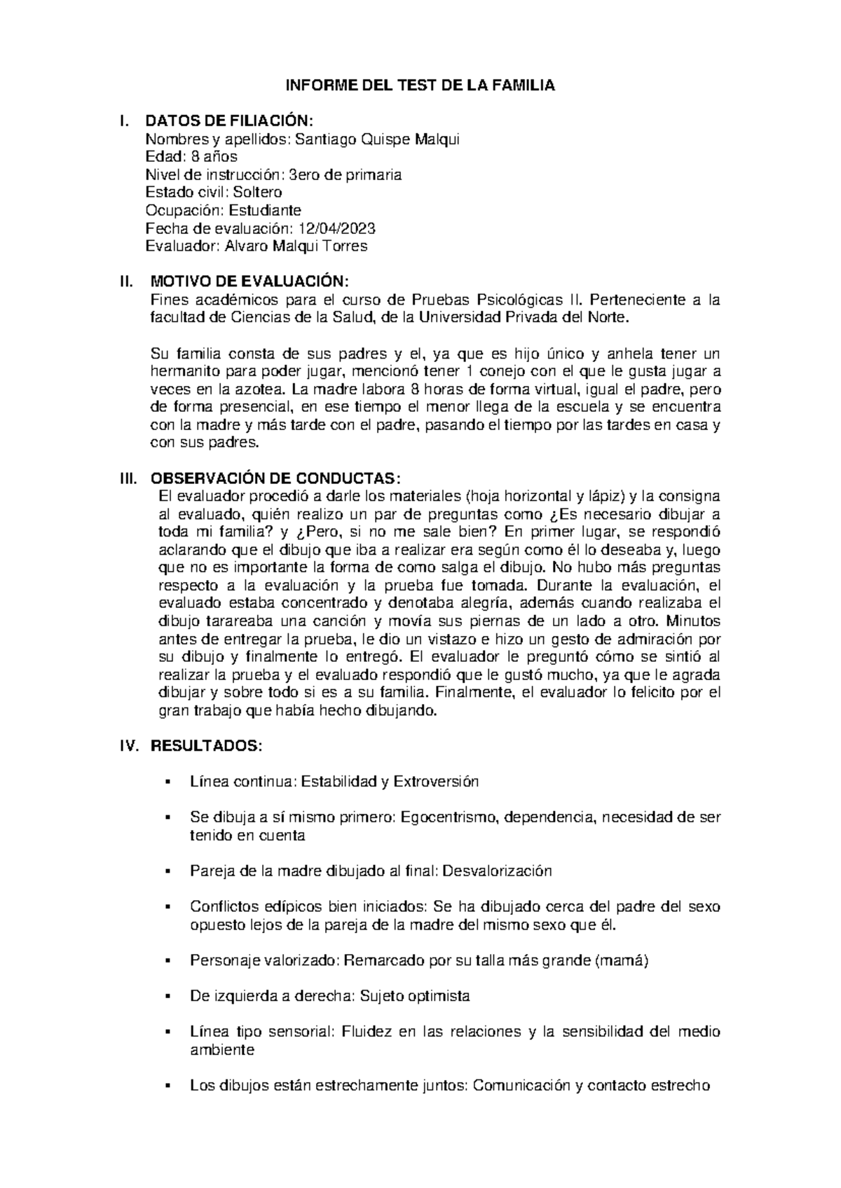 Informe del Test de la Familia - Pruebas Psicológicas II - Studocu