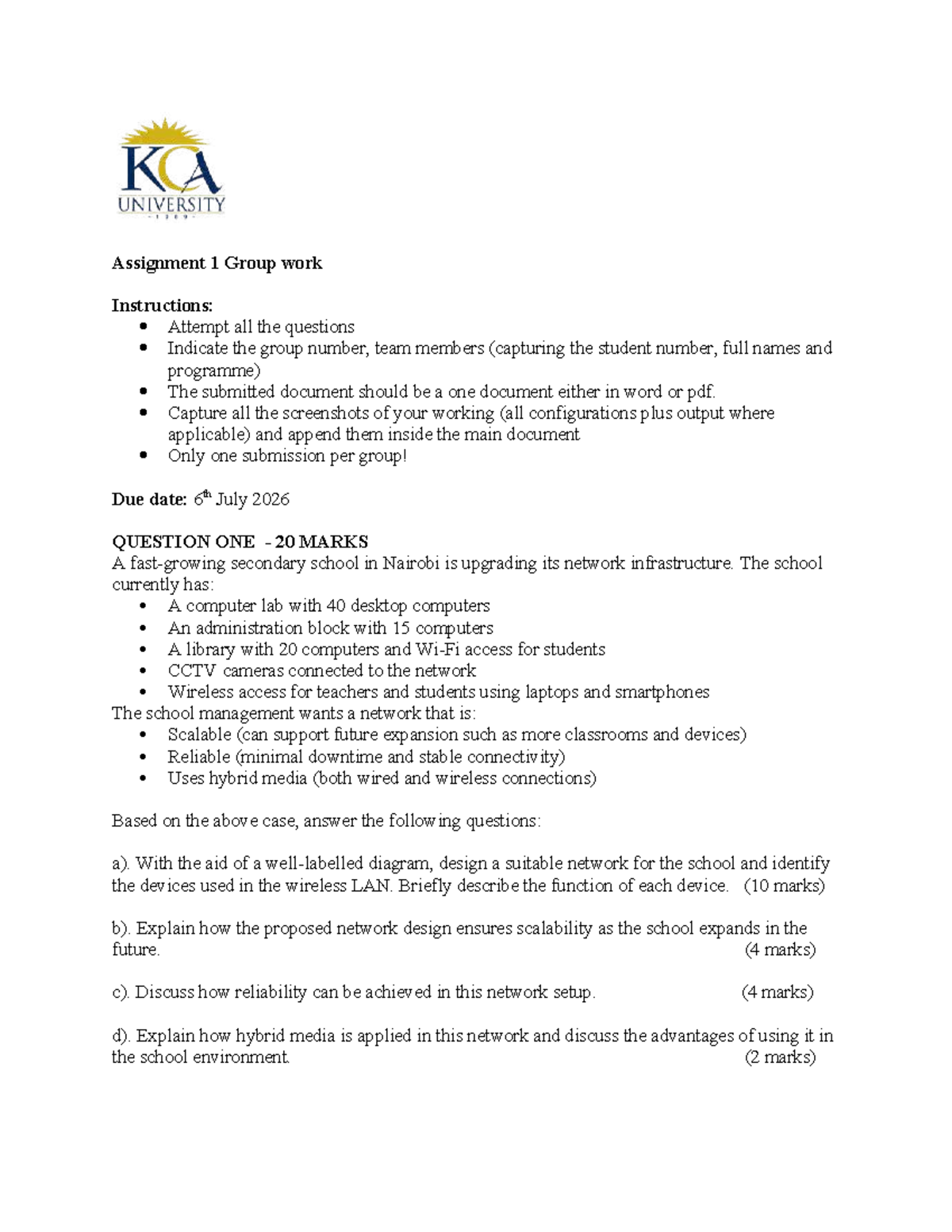 Assignment 1 Group Work: Network Design for Nairobi School - Studocu