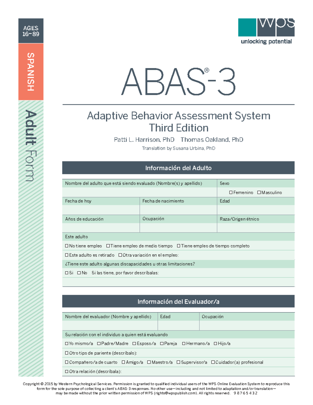 AGES SPANISH ABAS 3 Adult Form Evaluación de Comportamiento Adaptativo ...