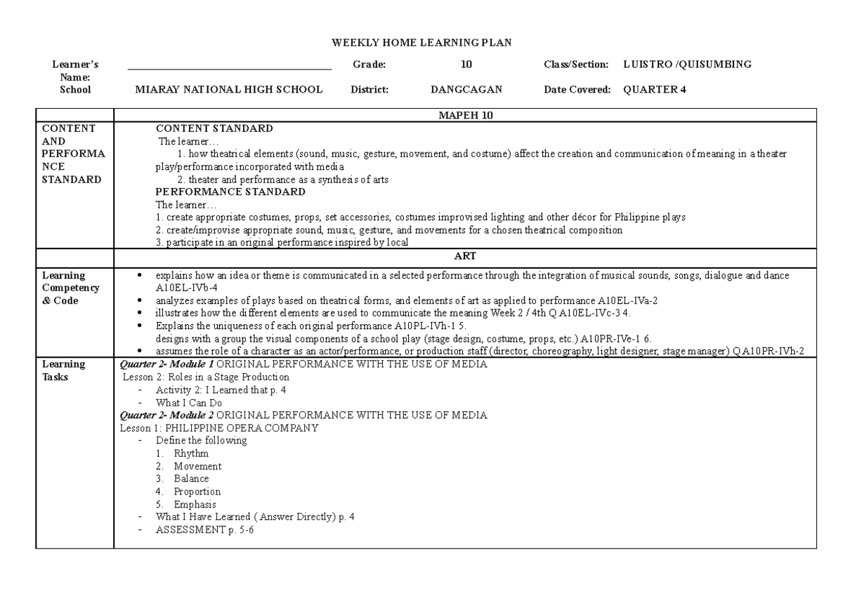 Fourth Quarter Weekly Home Learning Plan - WHLP Mapeh 10 - Studocu