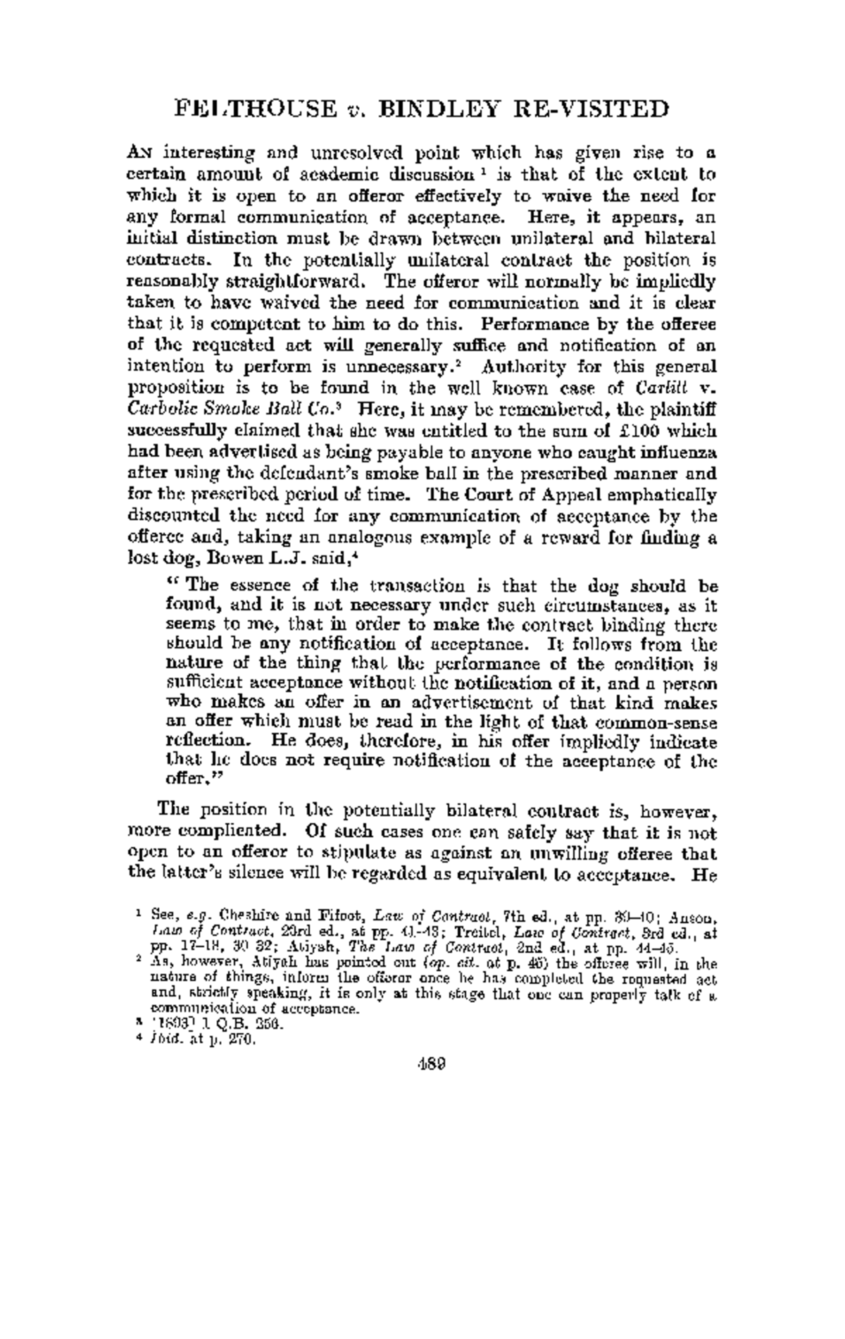 Felthouse v Bindley: A Critical Review of Acceptance Communication ...