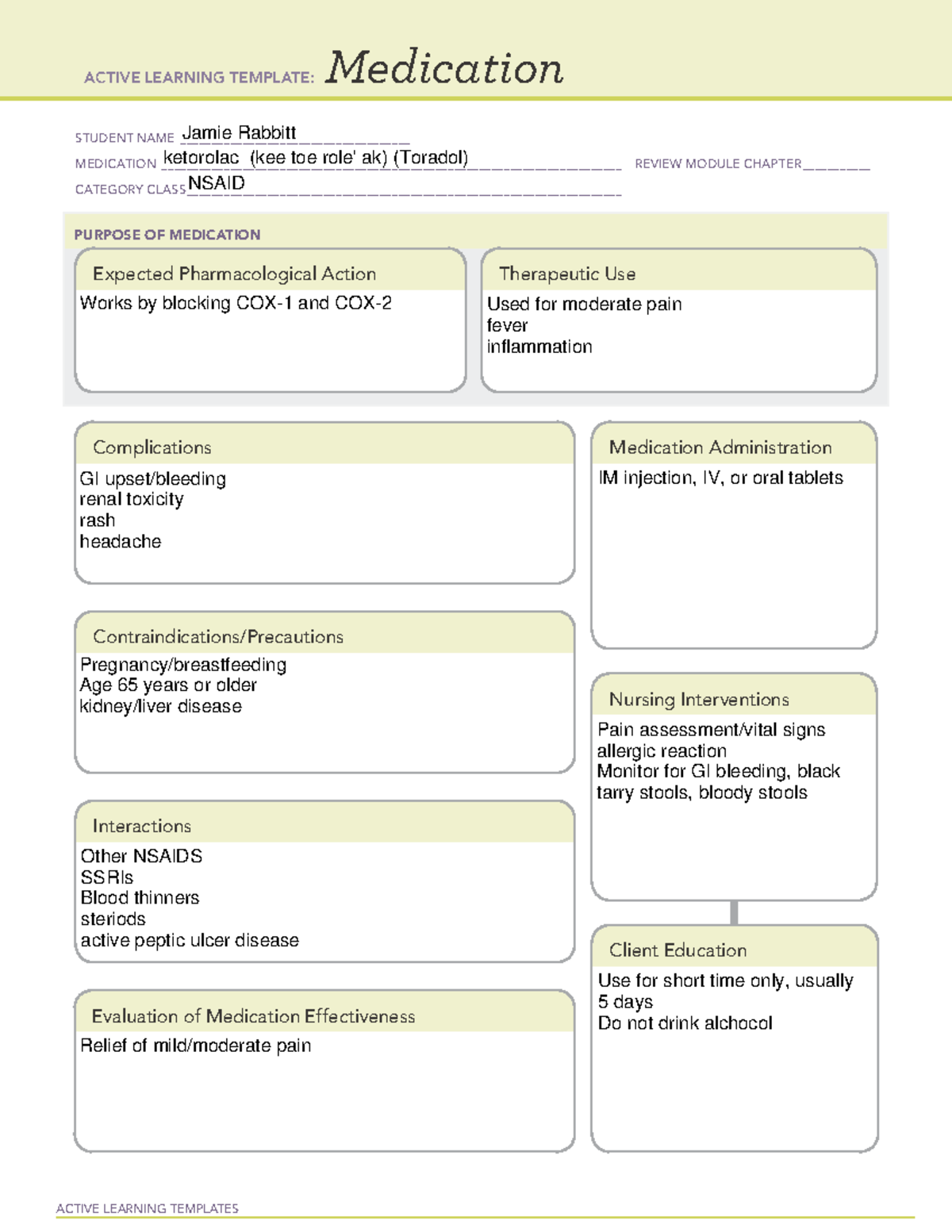 Ketorolac (Toradol) - ATI Medication Review Template - Studocu