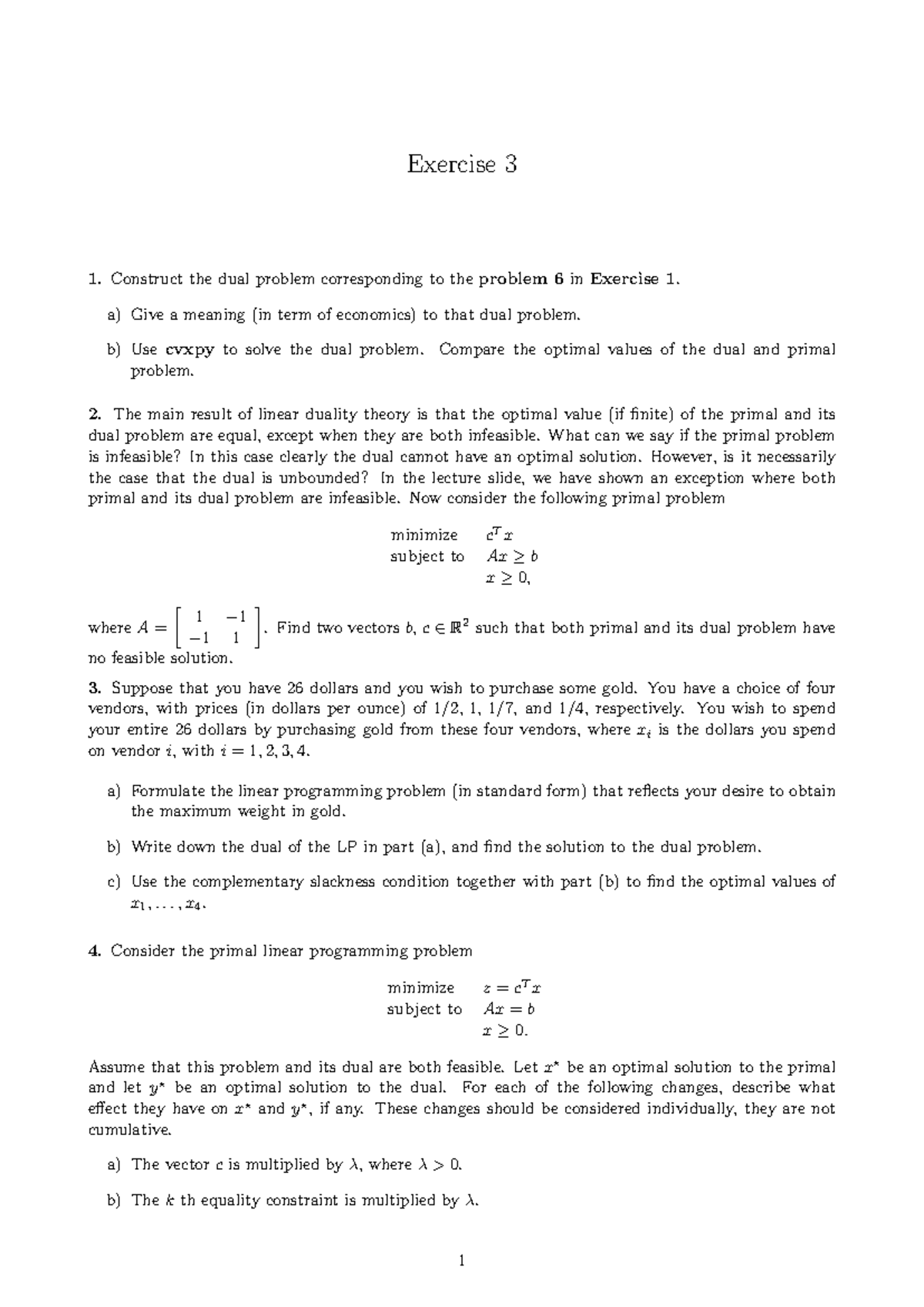Exercise 3: Linear Duality Theory and Optimization Problems - Studocu