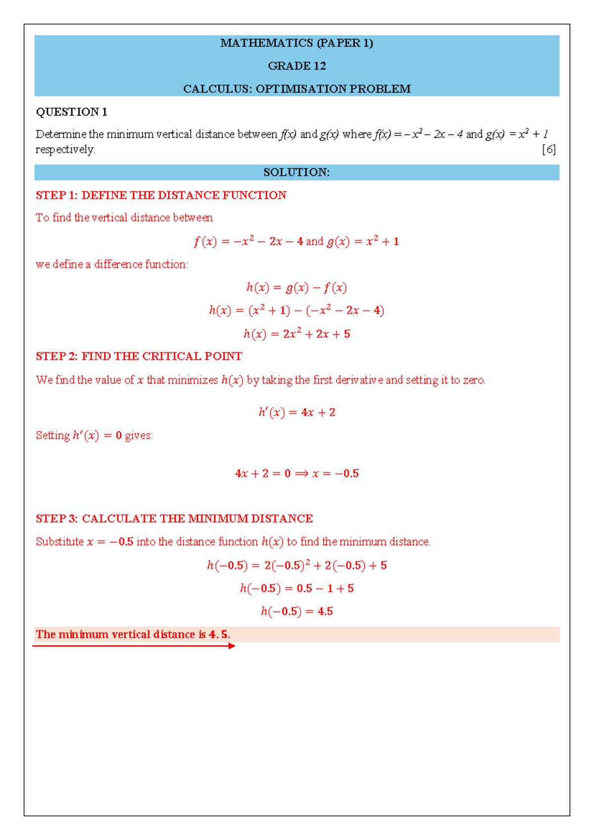 Mathematics (Paper 1) Gr. 12: Calculus Optimization Problem Solution ...