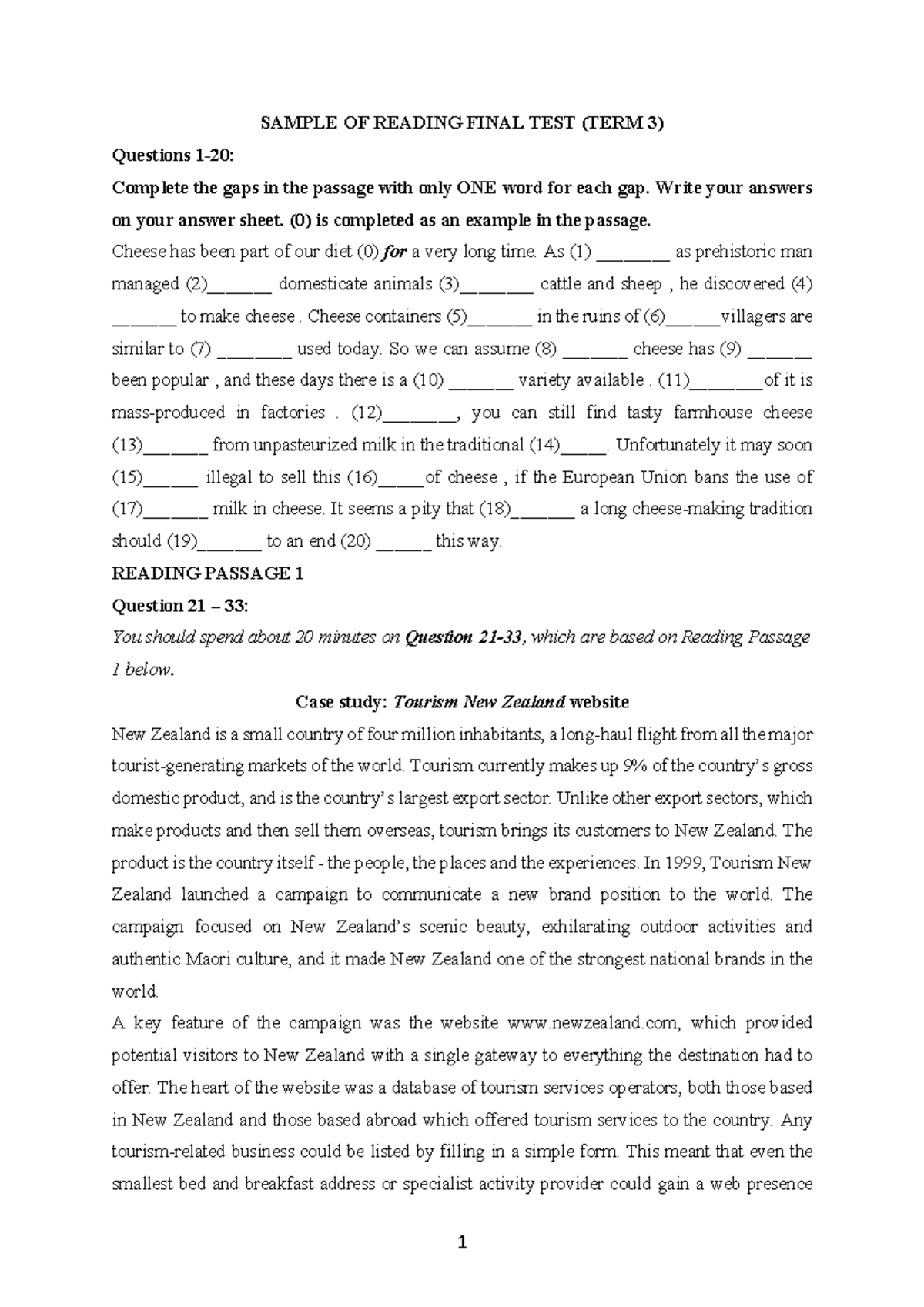 SAMPLE OF READING FINAL TEST (TERM 3) - Questions and Answers - Studocu