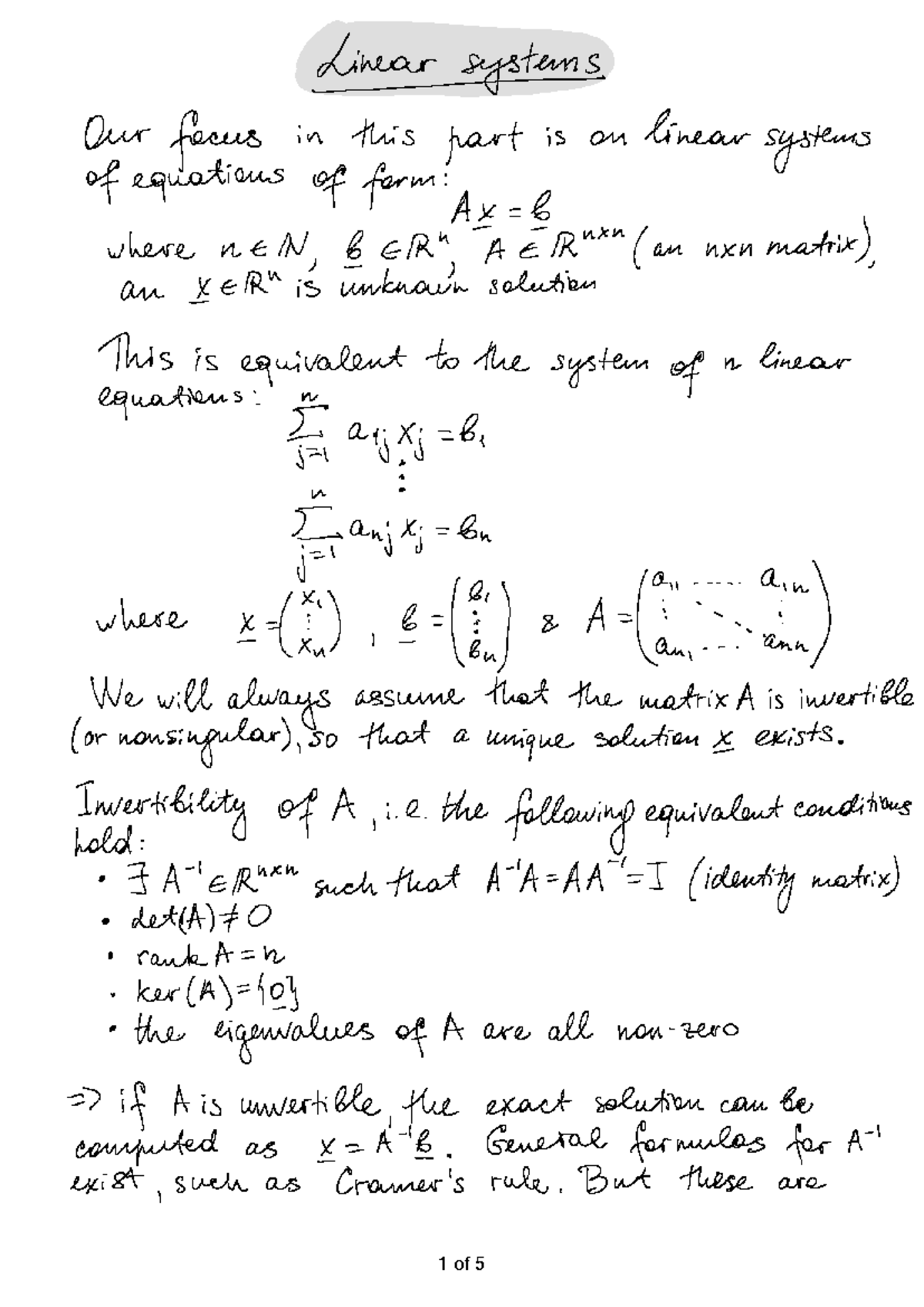 Lecture 10: Linear Systems and Their Invertibility - Studocu