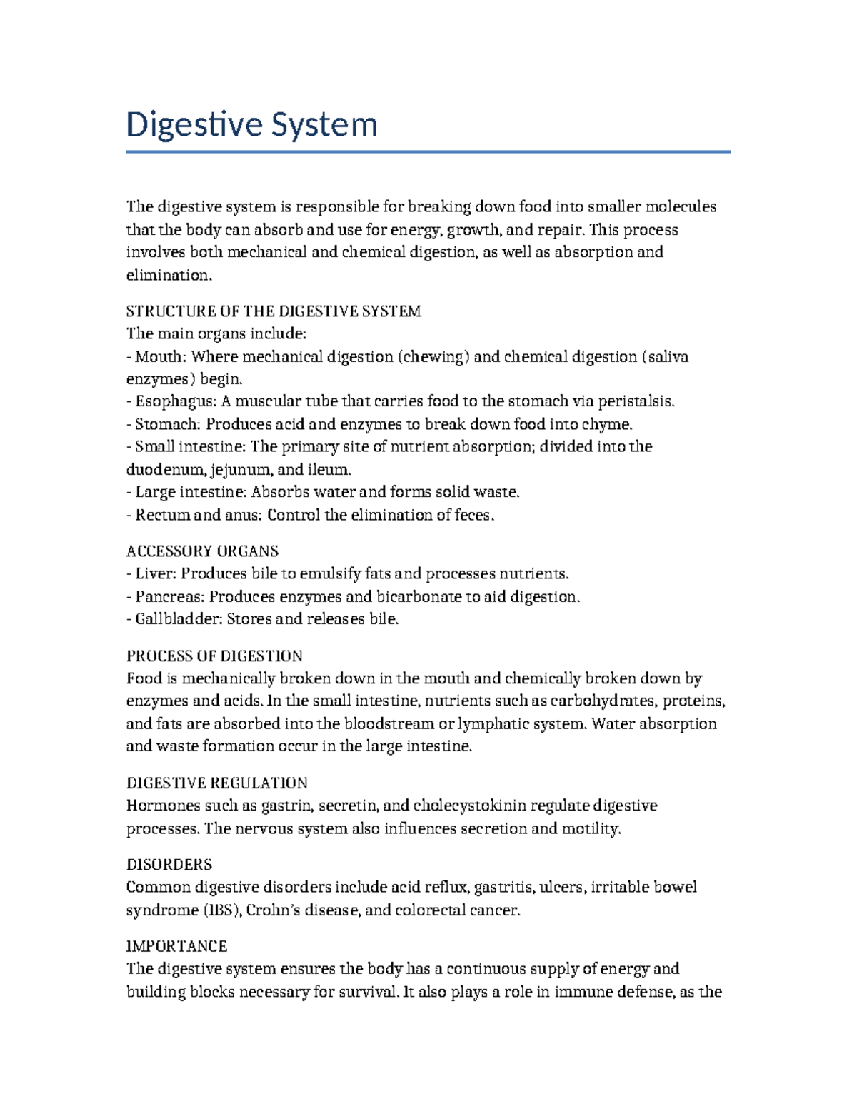 Digestive System Overview: Structure, Process & Disorders - Studocu