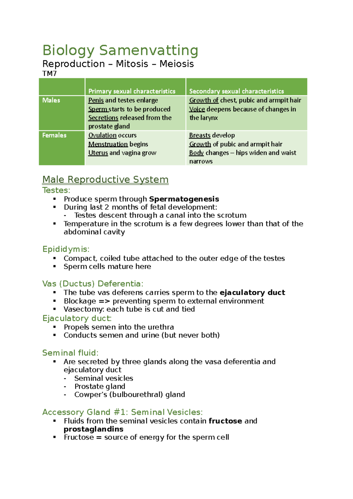 Biology TM7 Summary: Reproduction, Mitosis & Meiosis Notes - Studeersnel