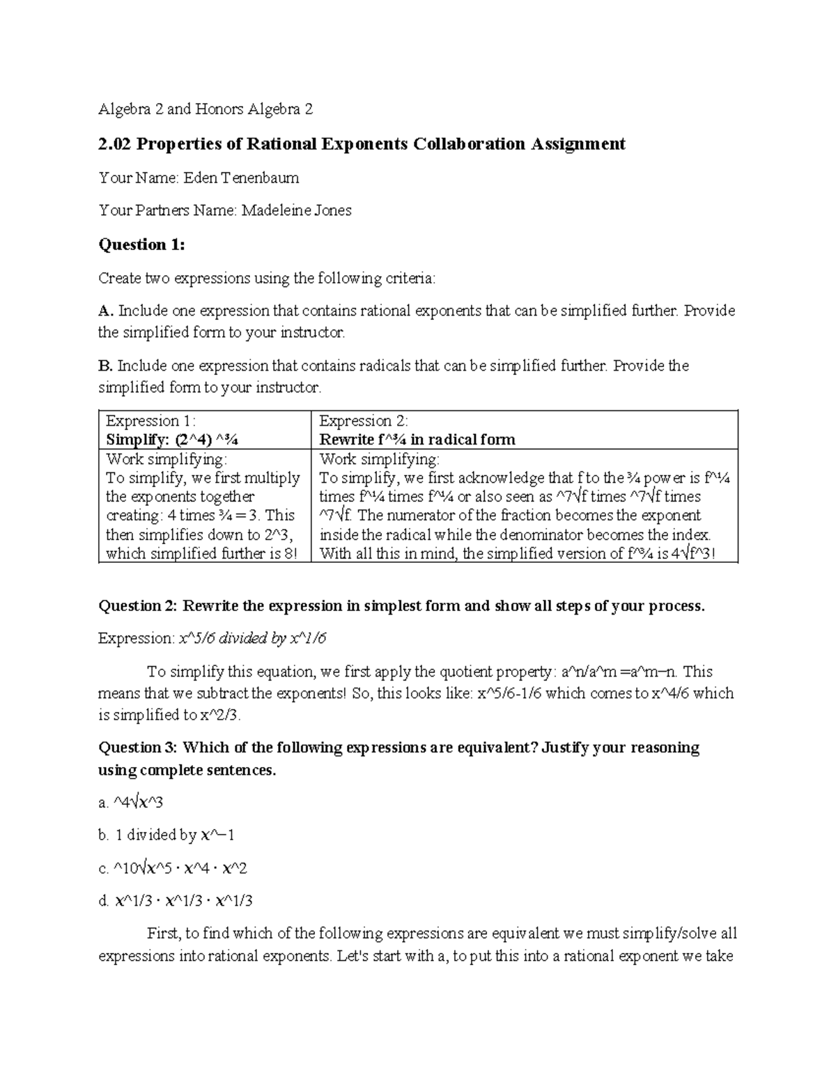 Algebra 2 2.02 Properties of Rational Exponents Collaboration ...