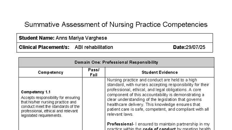 Dip EN Assessment of Nursing Practice Competencies: Summative ...