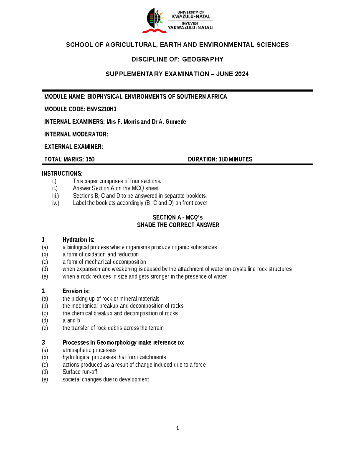 ENVS210H1 - Biophysical Environments of Southern Africa Supplementary ...