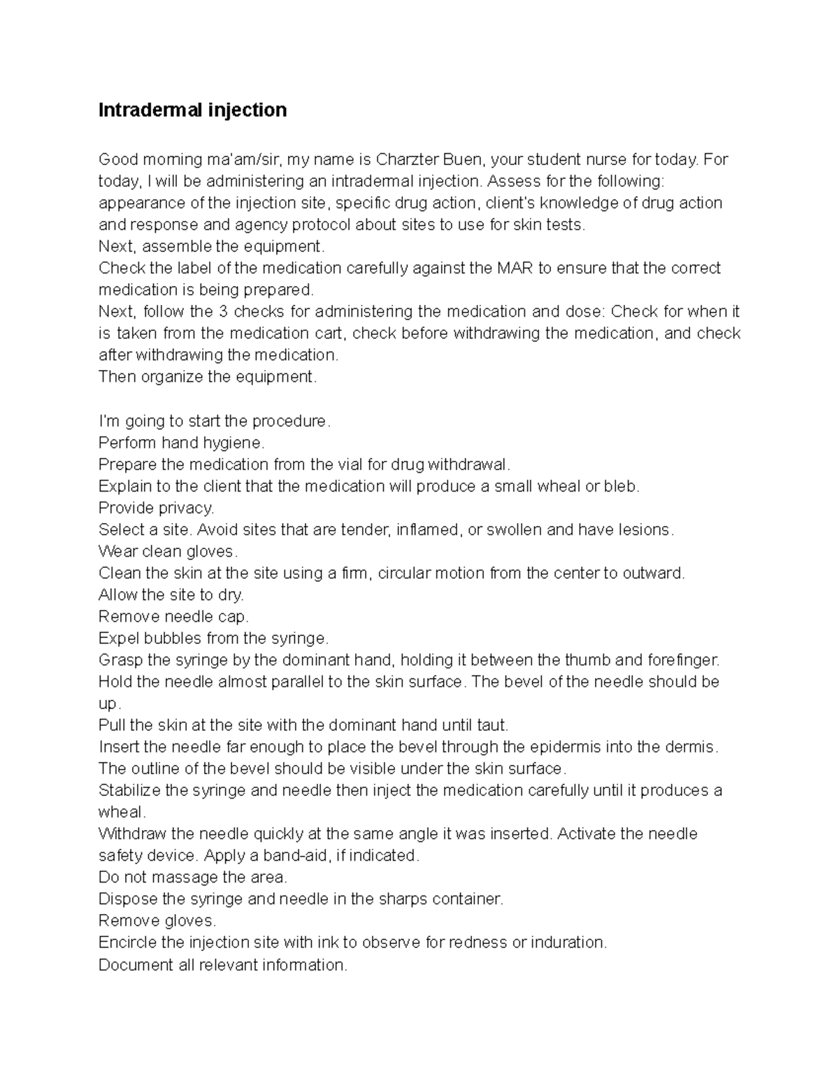 Intradermal Injection Procedure Notes: Guidelines for Student Nurses ...