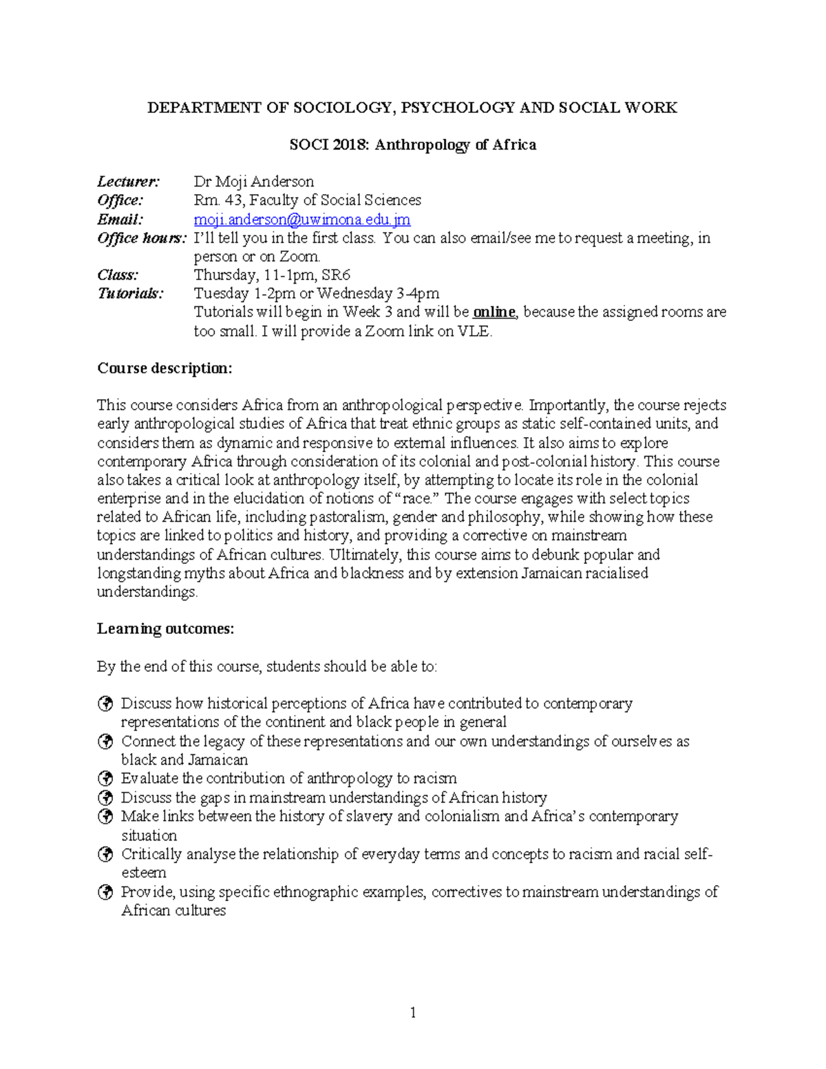 SOCIO 2018: Anthropology of Africa Course Outline and Schedule - Studocu