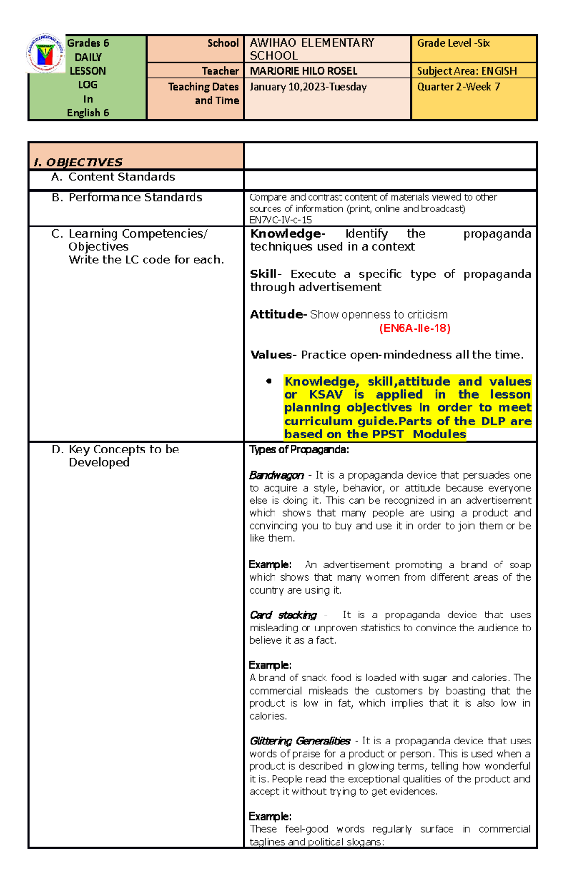 Q2W7 Lesson on Distinguishing Propaganda Techniques in English 6 - Studocu