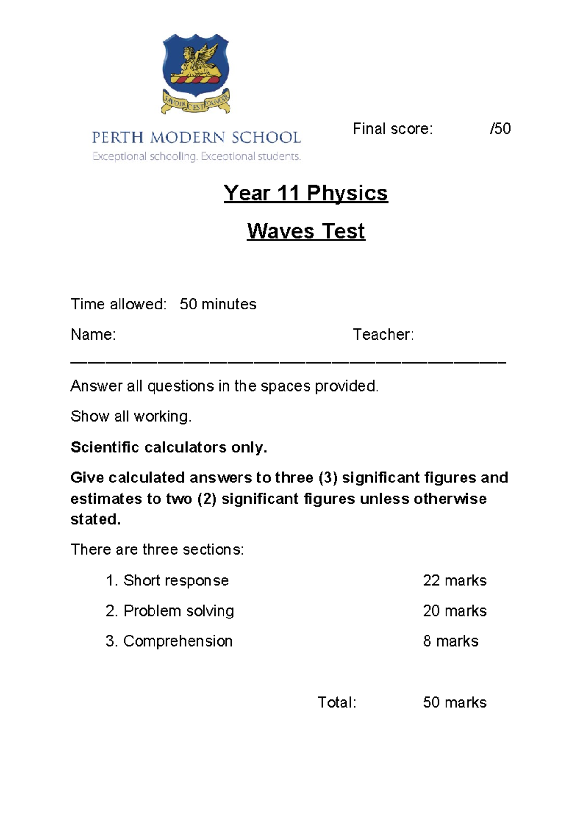 2018 - PHYS11 - Perth Modern - TEST 3 - Physics of Waves - Studocu