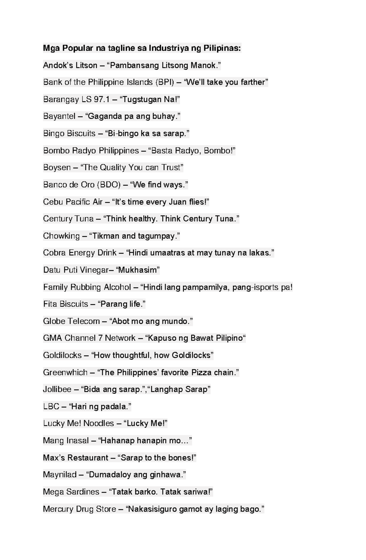 Mga Komprehensibong Tagline sa Pilipinas: Listahan ng mga Sikat na ...