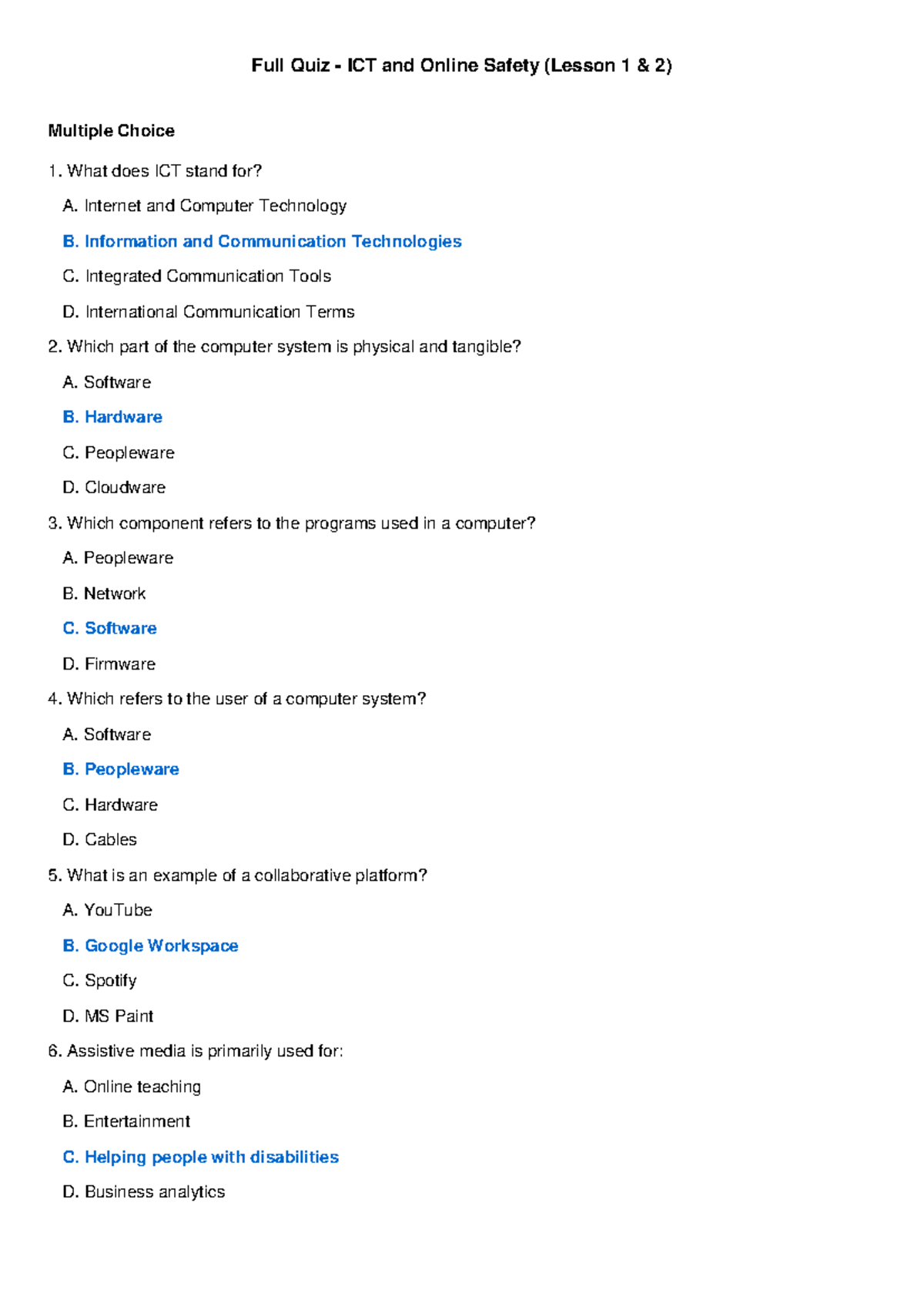 ICT Full Quiz on Online Safety (Lesson 1 & 2) MC & TF - Studocu