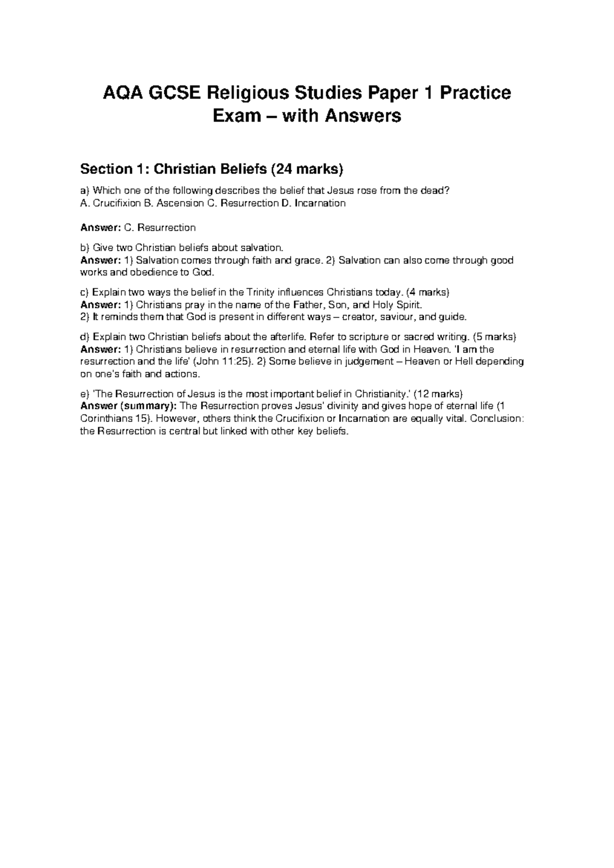 AQA GCSE RS Paper 1 Practice Exam Answers: Christian & Muslim Beliefs ...