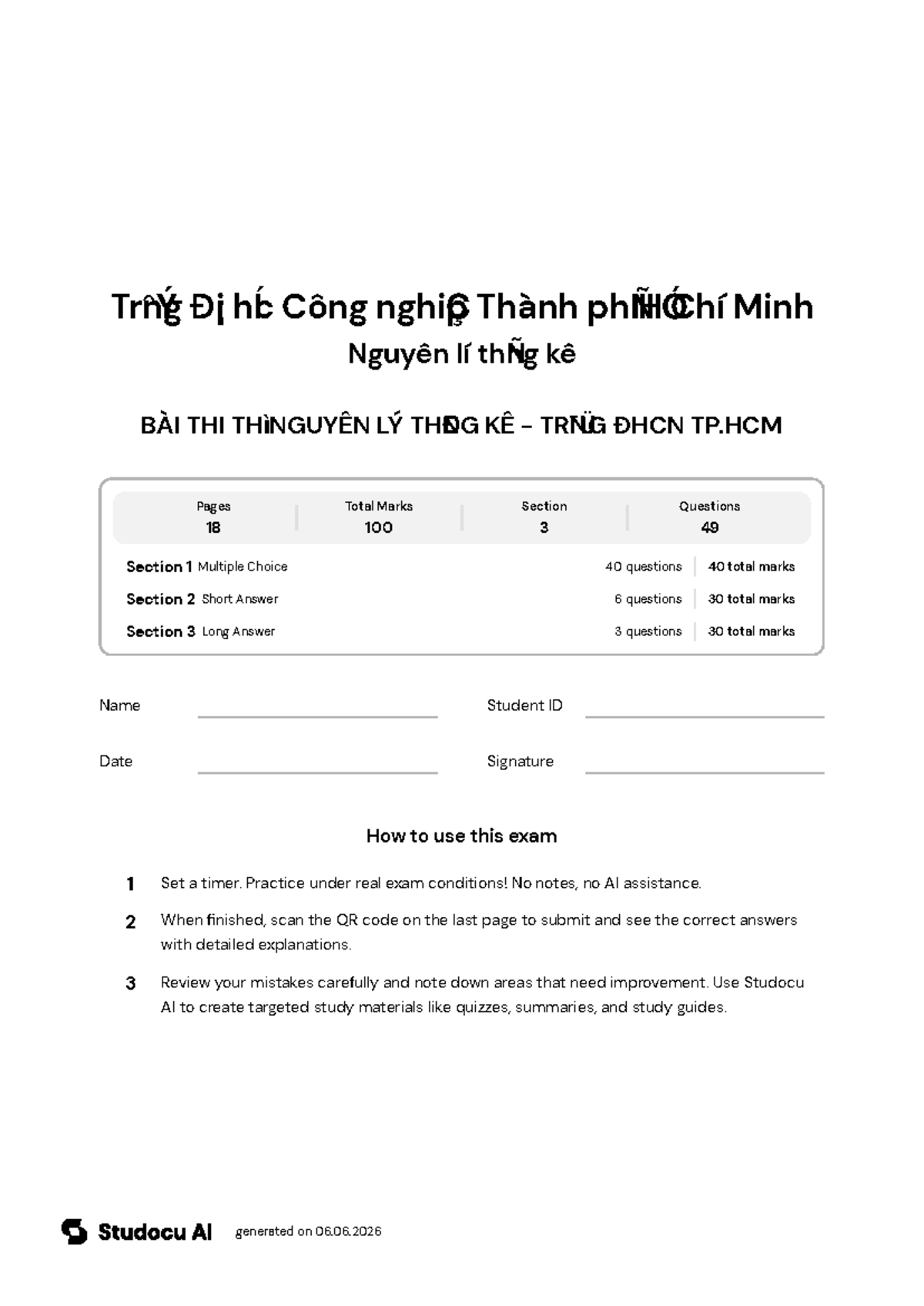 BÀI THI THƯỞNG NGUYÊN LÝ THỐNG KÊ - TRƯỜNG ĐHCN TP.HCM - Studocu